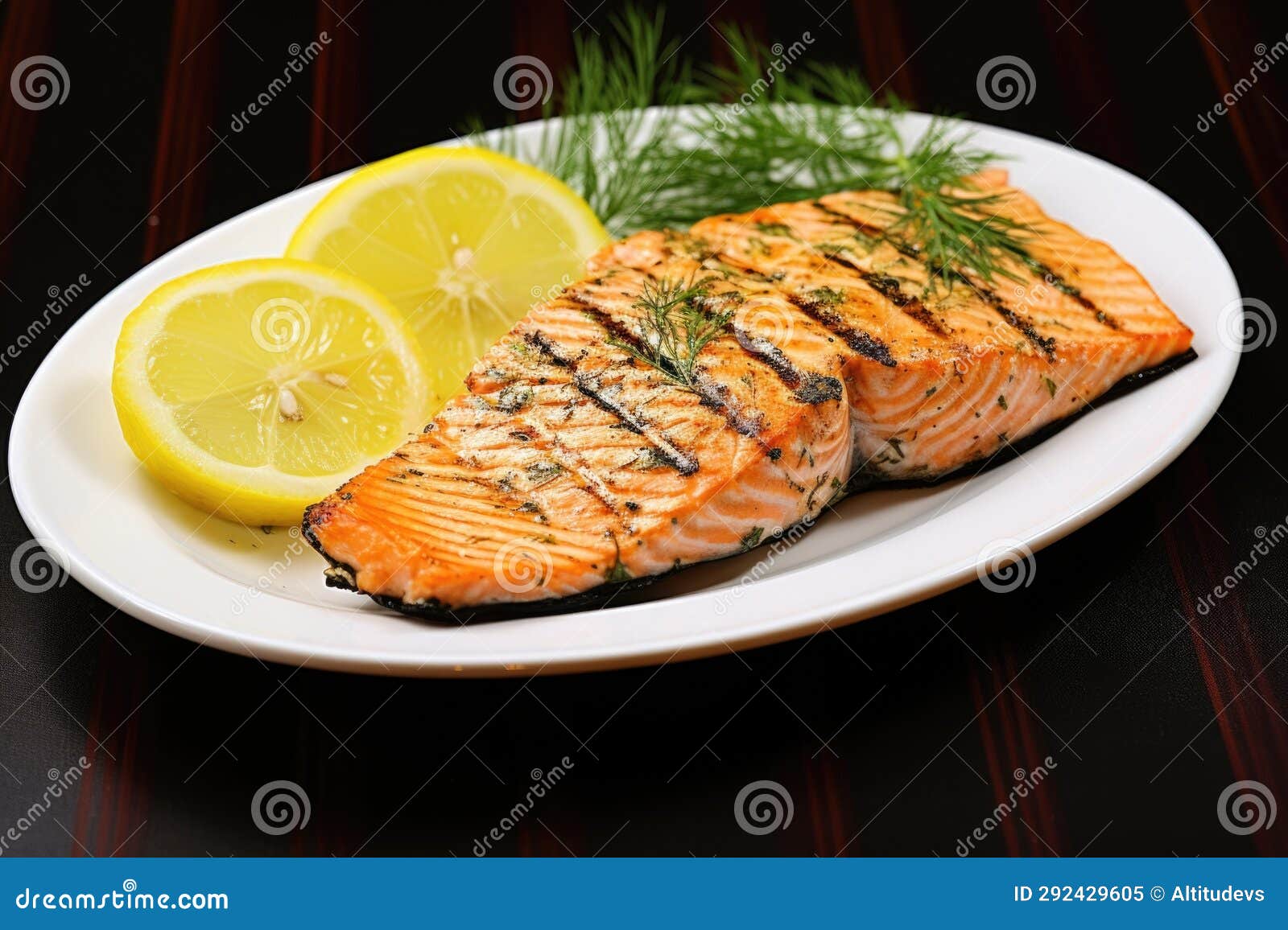 Grilled Salmon Fillet with Dill and Lemon on a Plate Stock Image ...