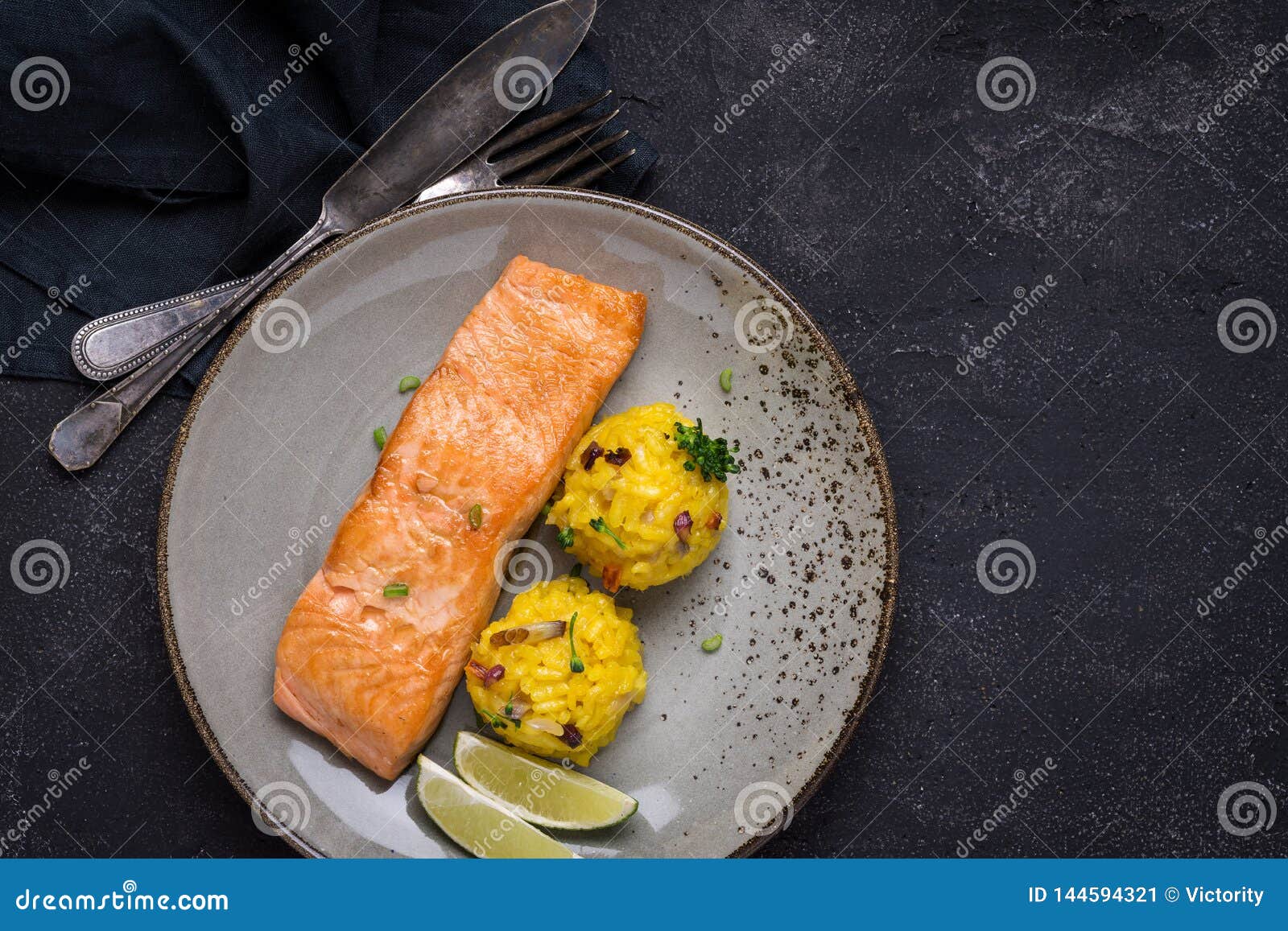Grilled Salmon Fillet with Saffron Risotto Stock Image - Image of ...