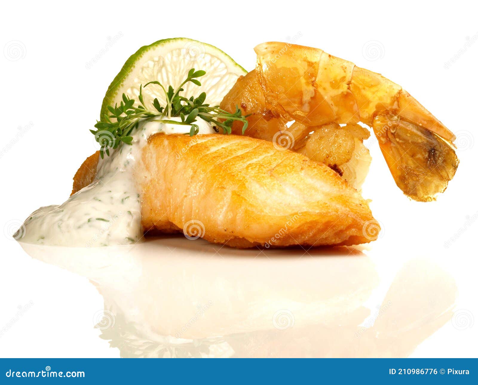 Grilled Salmon Fillet and Tiger Prawn Stock Photo - Image of freshwater ...