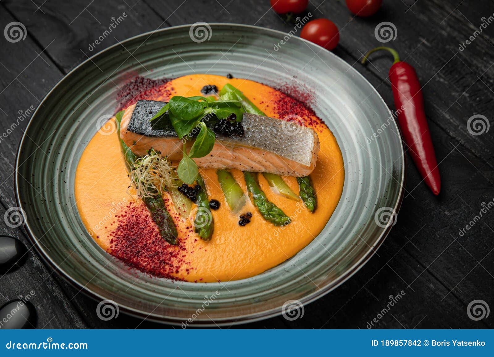 Grilled Salmon with Pumpkin Puree Stock Photo - Image of rustic ...