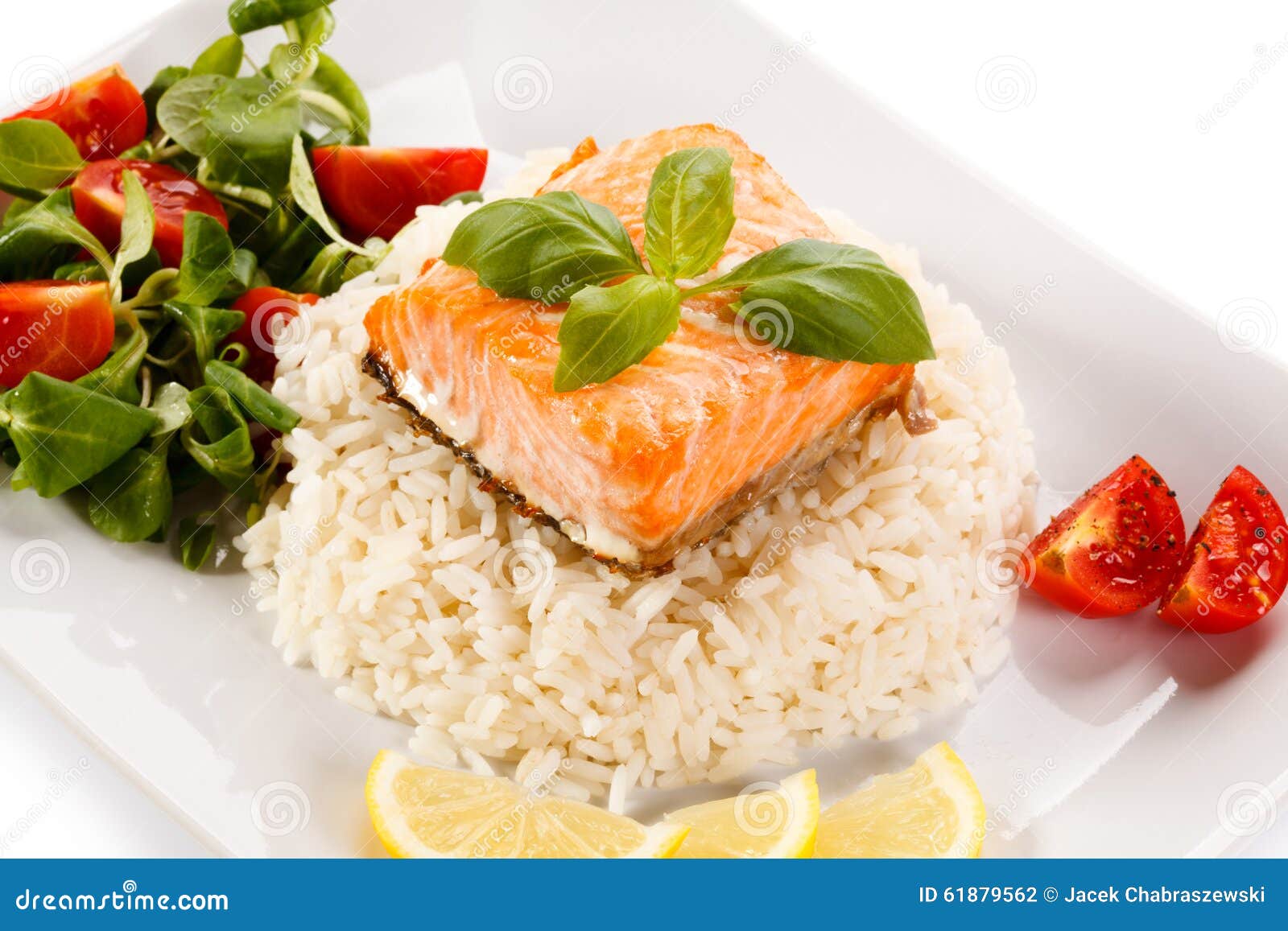 Grilled Salmon, Rice and Vegetables Stock Photo - Image of colored ...