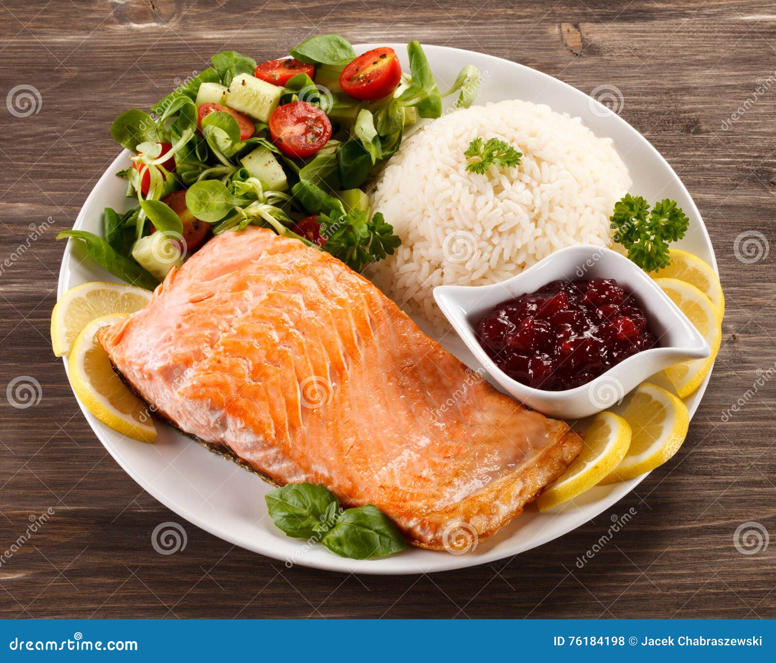 Grilled Salmon, Rice and Vegetables Stock Photo - Image of horizontal ...
