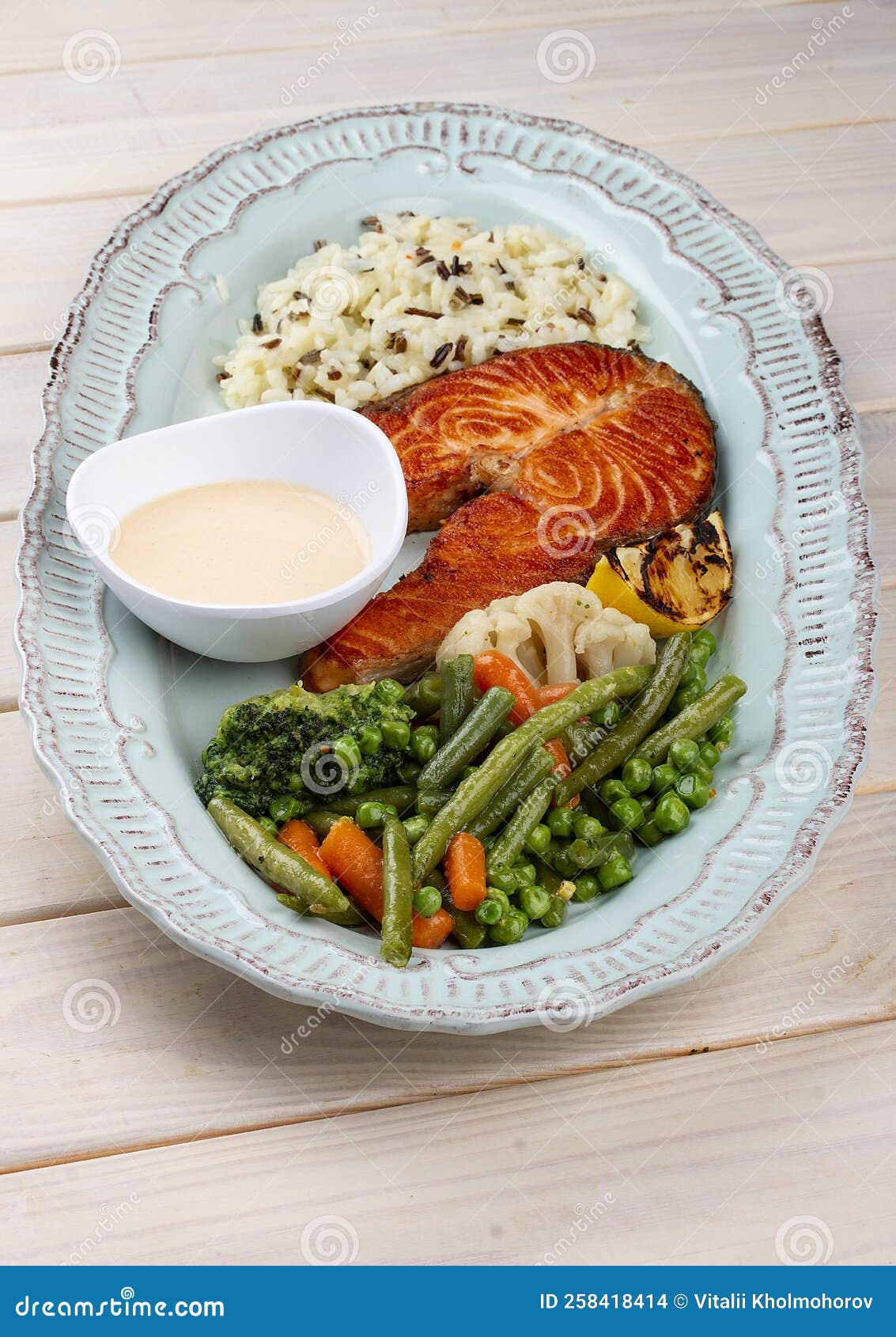 Grilled Salmon Steak with Brown Rice and Vegetables Stock Photo - Image ...
