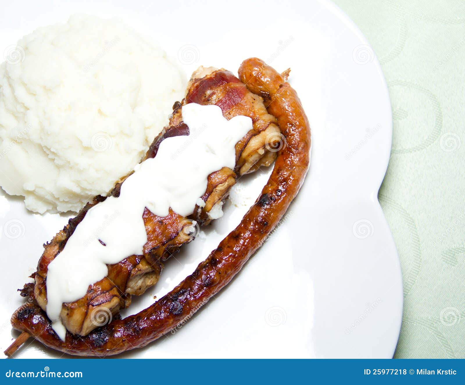 Grilled Sausage And Chicken With Mash Stock Photo - Image of stick ...