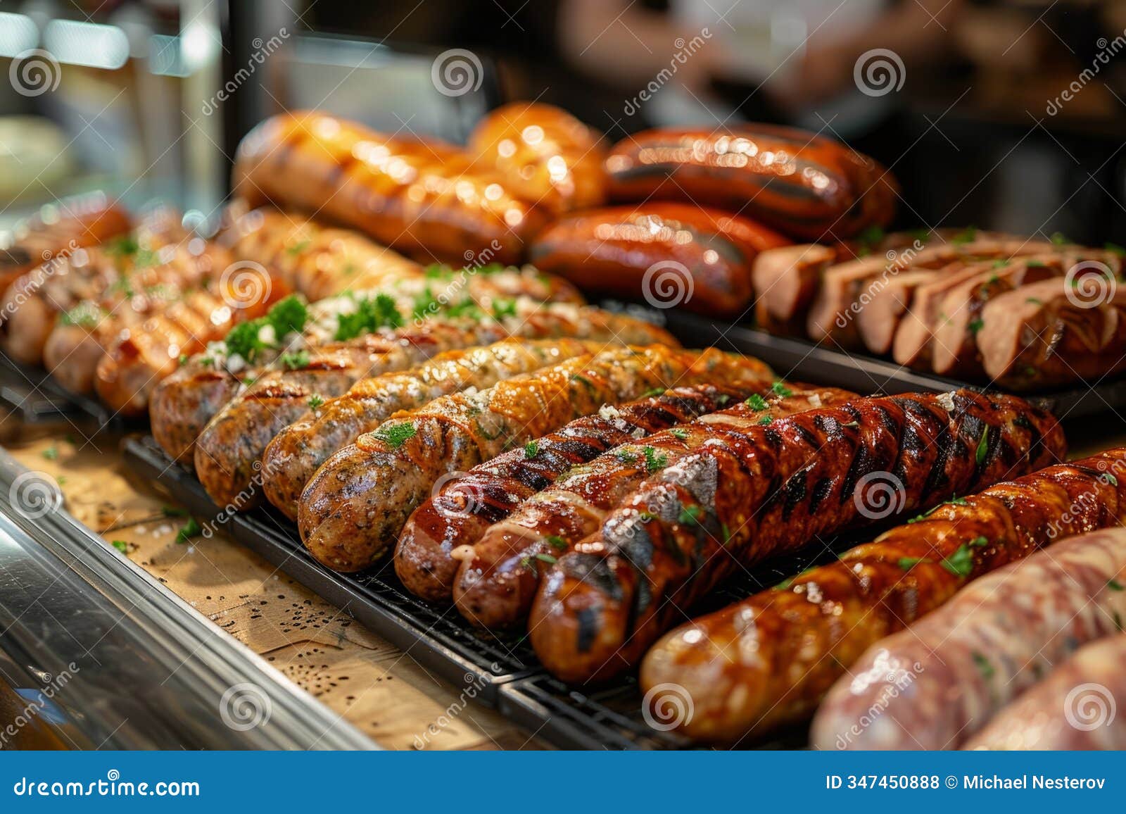 Grilled Sausages in a Store on the Counter Stock Photo - Image of ...