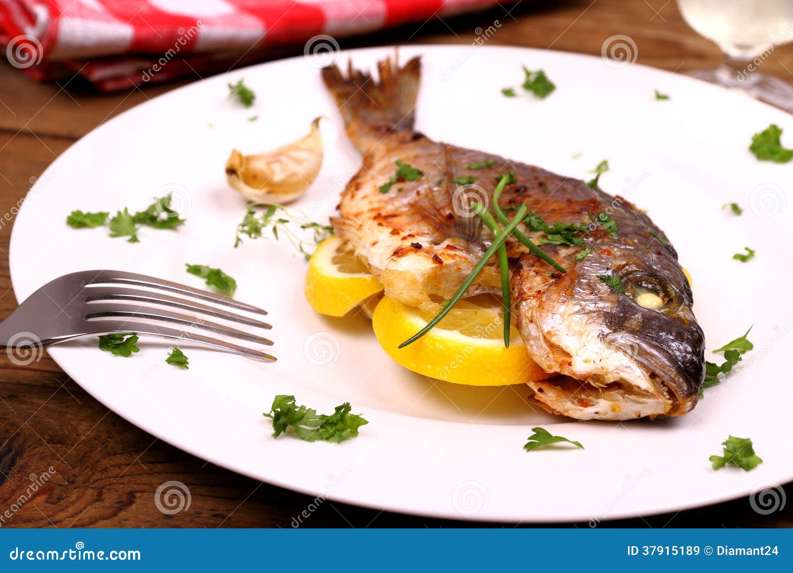 Grilled Sea Bream Fish, Lemon on White Plate Stock Image - Image of ...