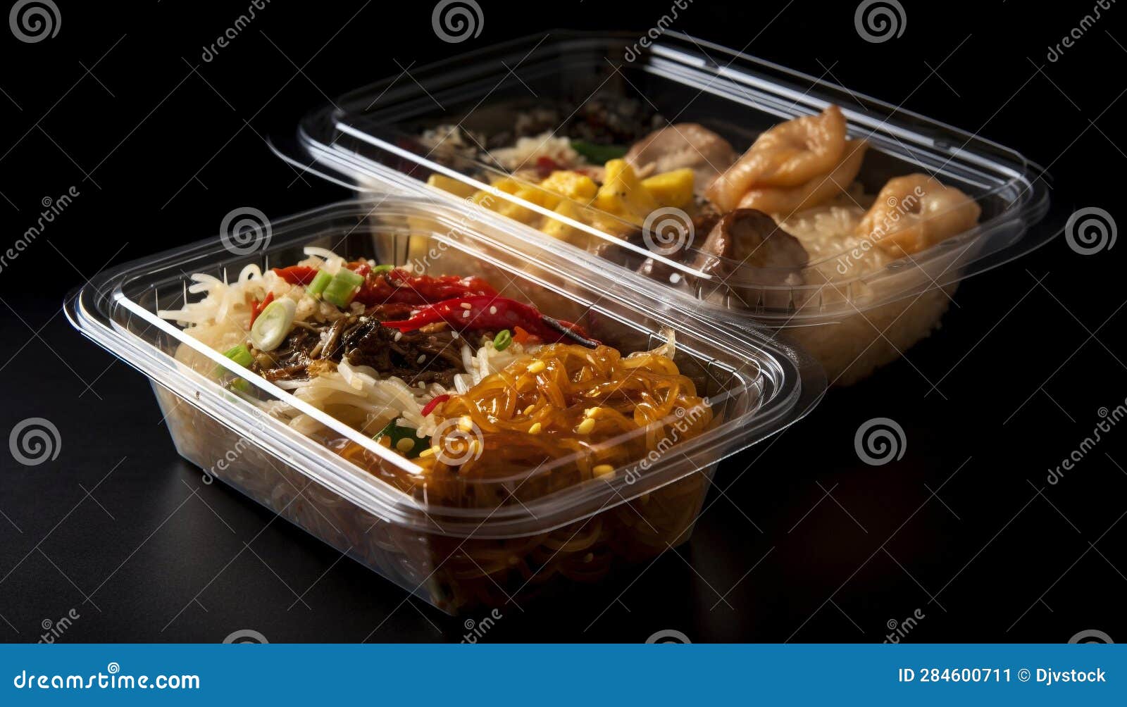 Grilled Seafood and Meat with Vegetable Salad in Plastic Container ...