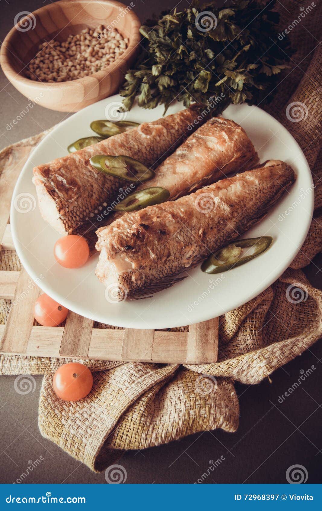 Grilled shad with tomato stock image. Image of gourmet - 72968397