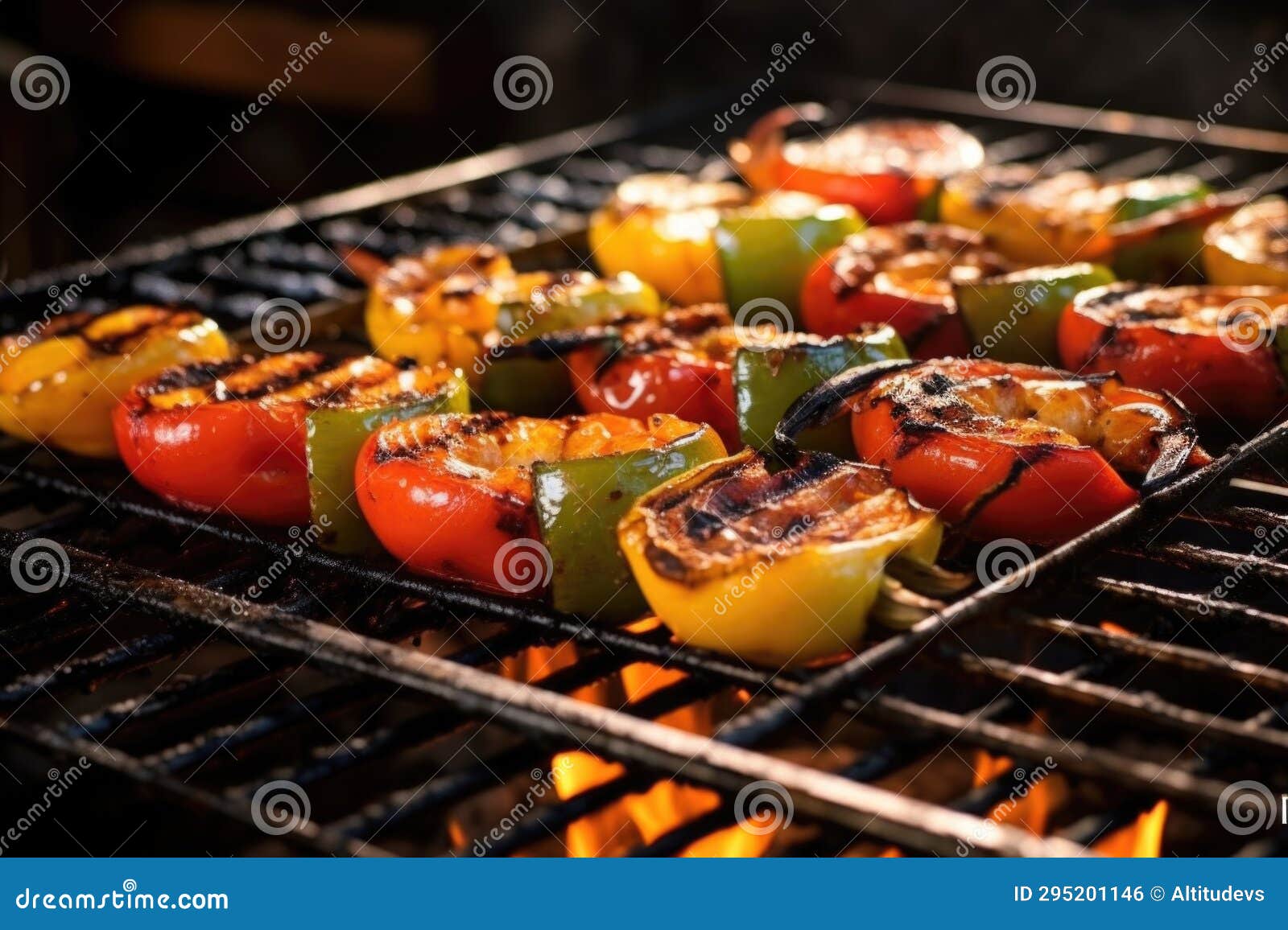 Grilled Shrimp on a Blackened Grill Rack Under Natural Light Stock ...