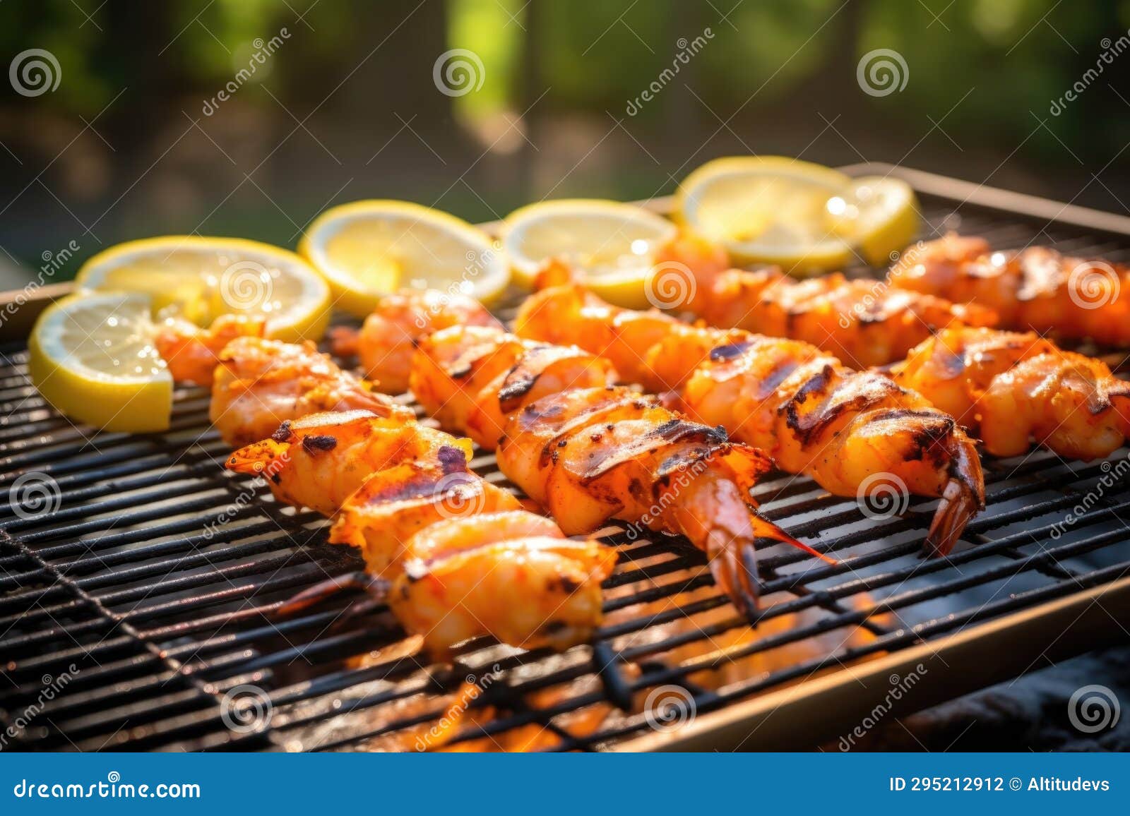 Grilled Shrimp on a Blackened Grill Rack Under Natural Light Stock ...