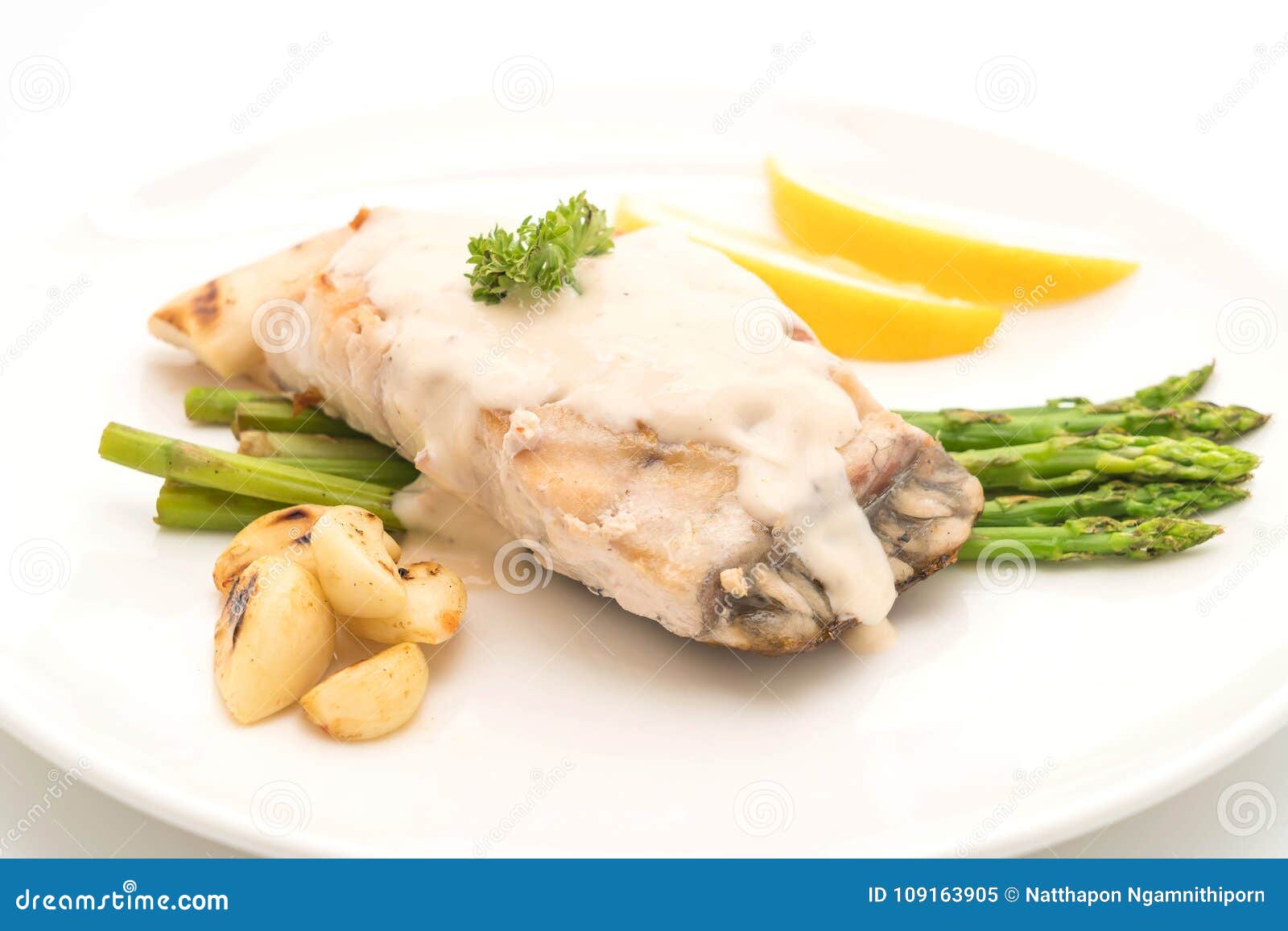 Grilled Snapper Fish Steak with Vegetable Stock Image - Image of perch ...