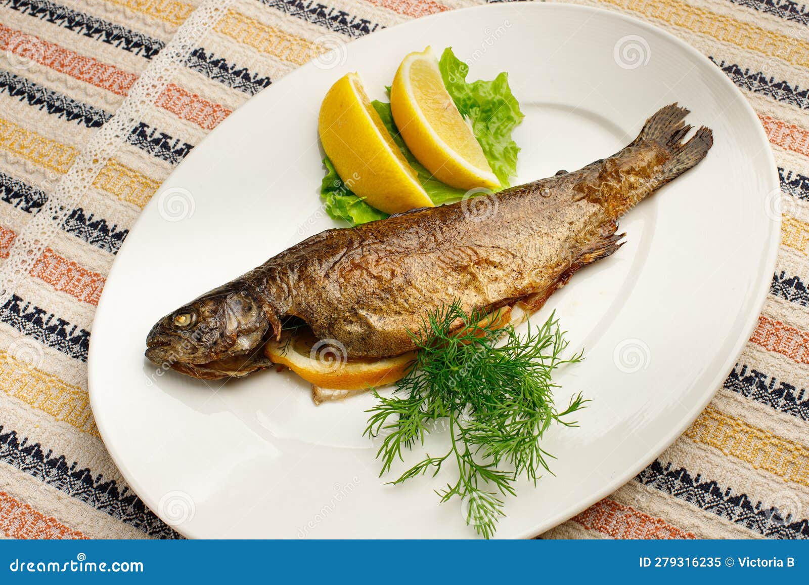 Grilled Spicy Fish Isolate on White Plate, Top View Stock Image - Image ...