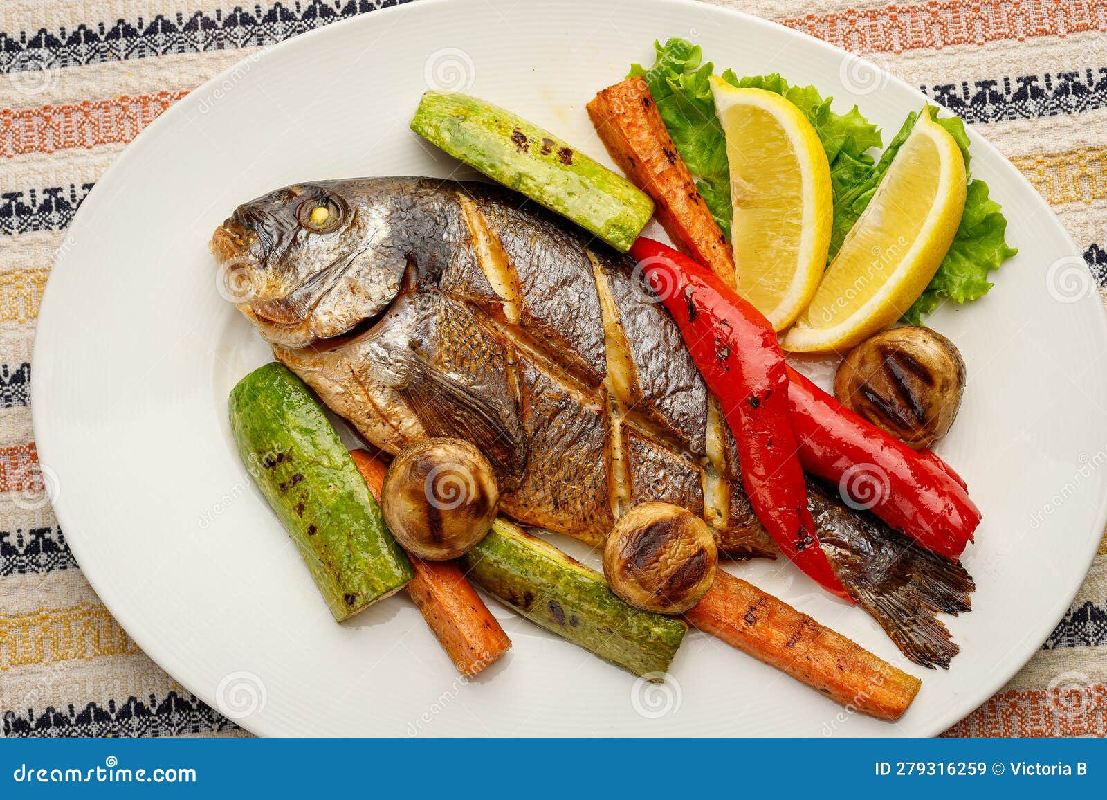 Grilled Spicy Fish Isolate on White Plate, Top View Stock Image - Image ...