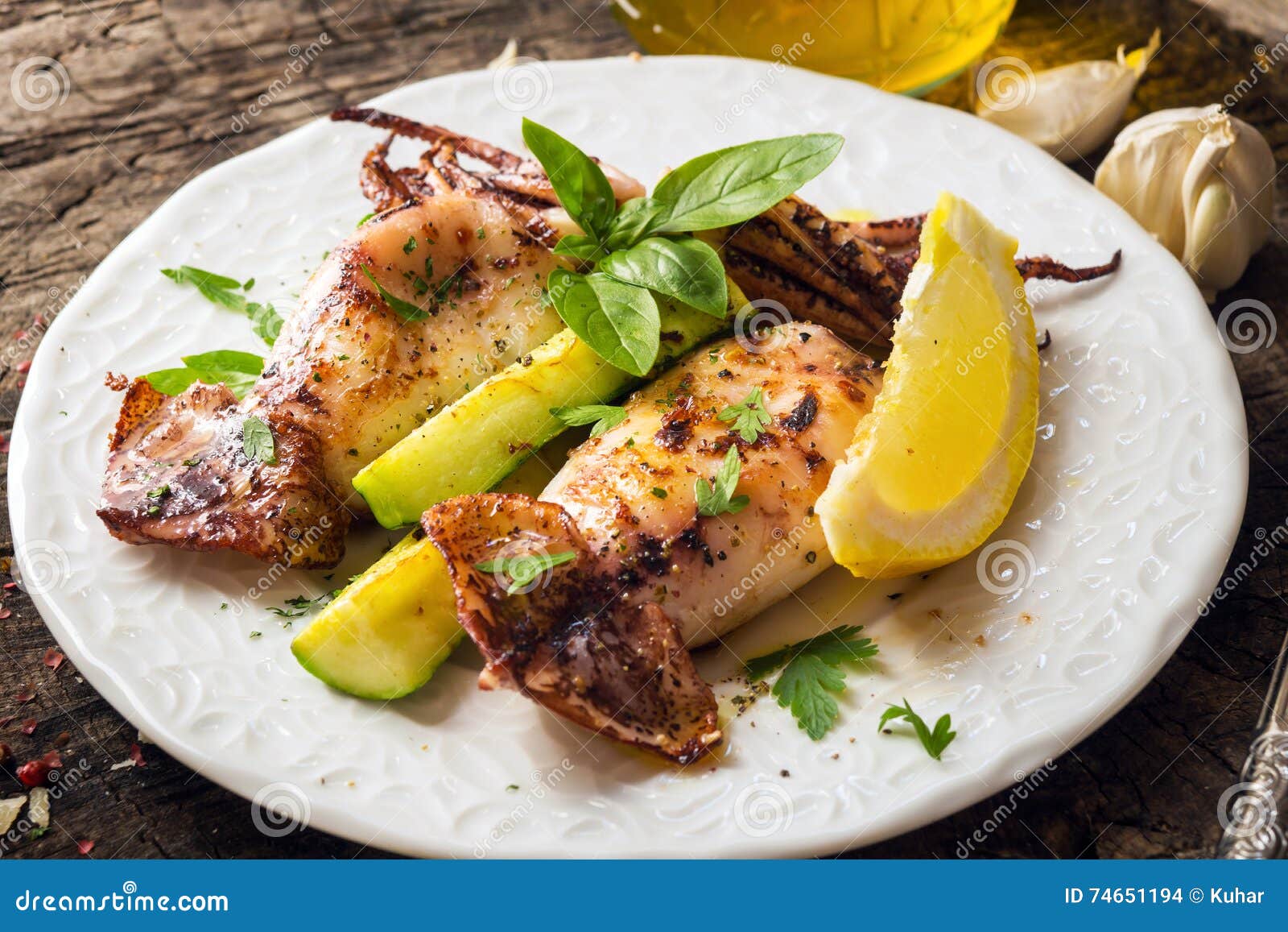 Grilled Squid with Lemon and Zucchini Stock Photo - Image of fish ...