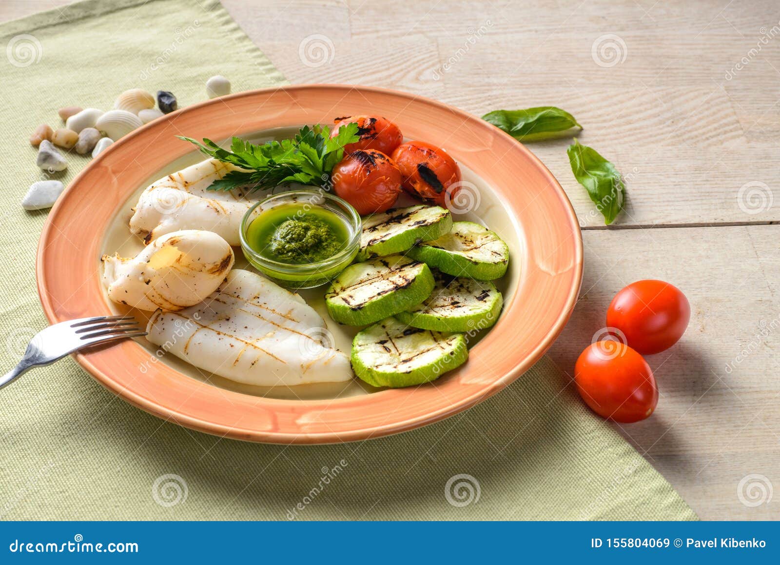 Grilled squid with squash stock image. Image of grill - 155804069
