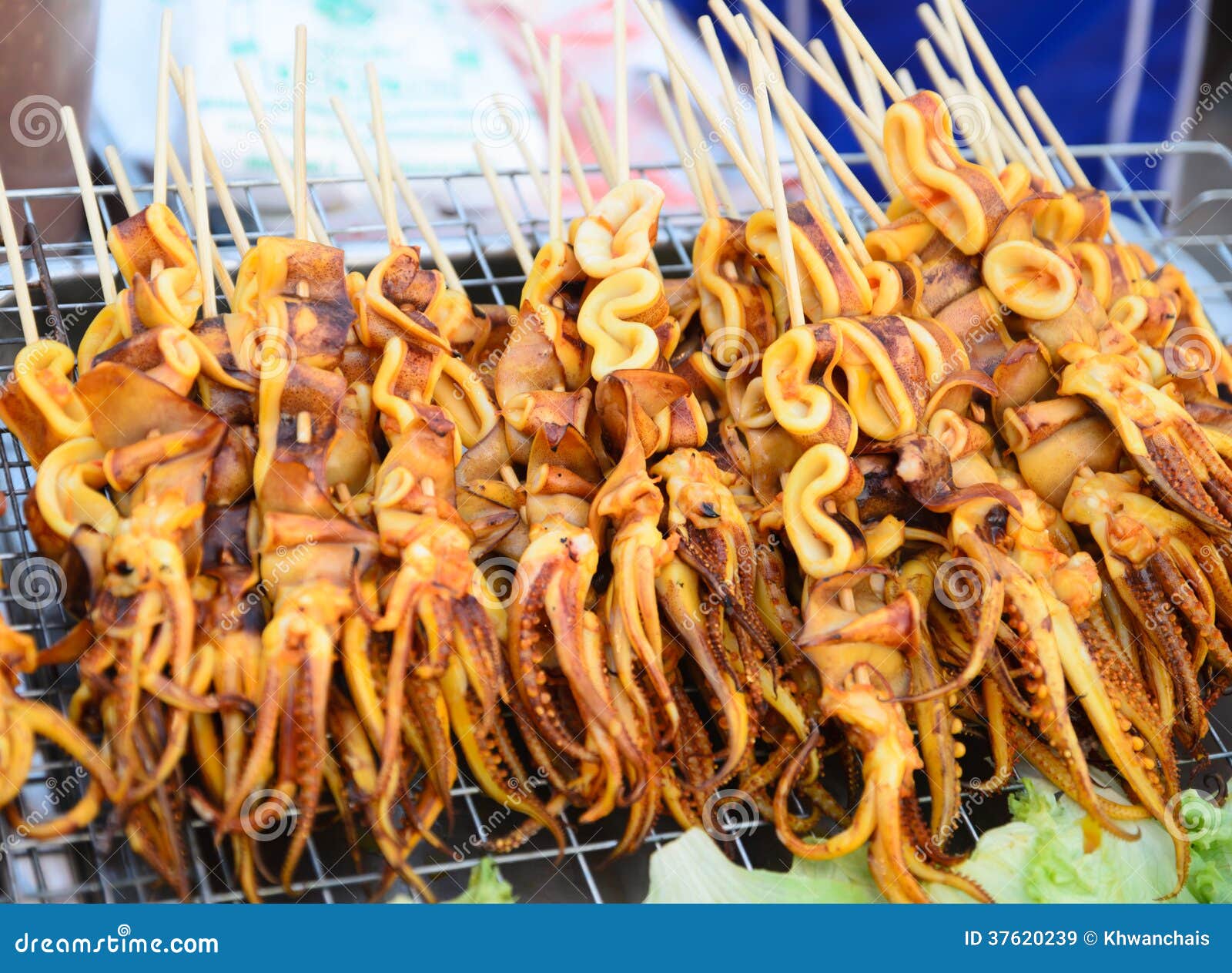 Grilled Squids with Wooden Stick Stock Image - Image of preparation ...