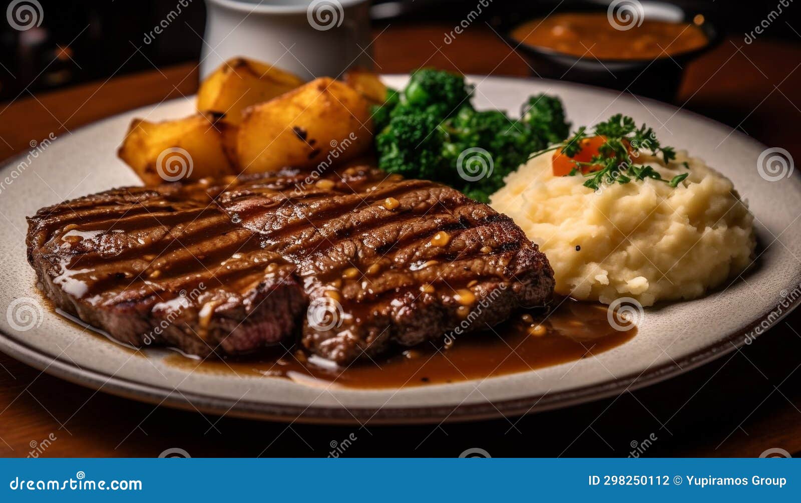 Grilled Steak, Mashed Potatoes, and Fresh Vegetables on Rustic Plate ...