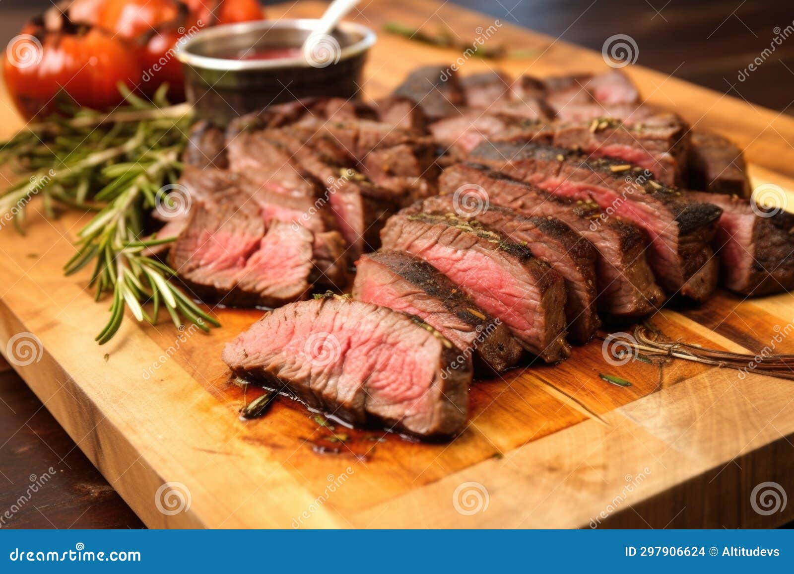 Grilled Steak Sliced into Juicy Chunks on a Serving Tray Stock Photo ...