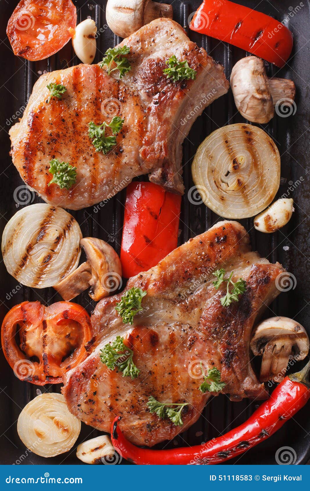 Grilled Steak with Vegetables on Grill Macro. Vertical Top View Stock ...