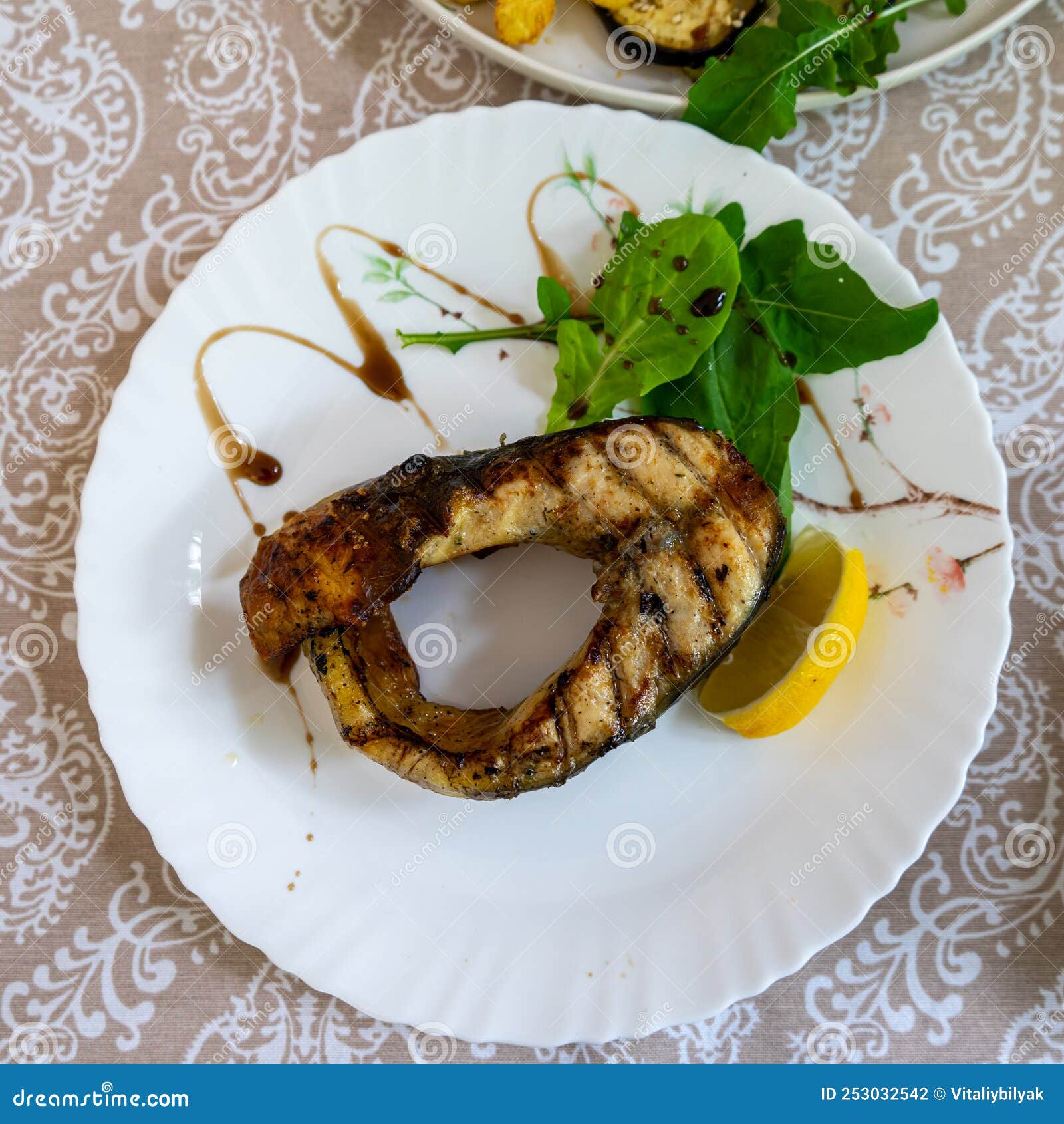 Grilled sturgeon steak stock photo. Image of cooking - 253032542