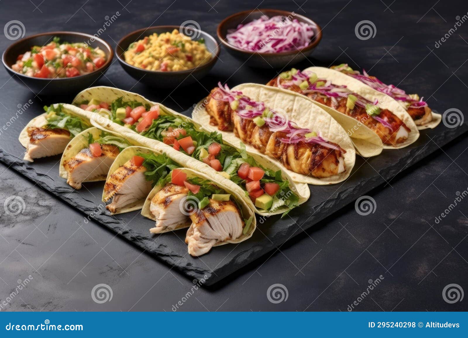 Grilled Taco Assortment Neatly Arranged on a Slate Board Stock Photo ...