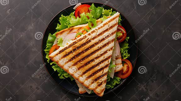 A Grilled Triangular Sandwich with Lettuce and Tomato on a Black Plate ...
