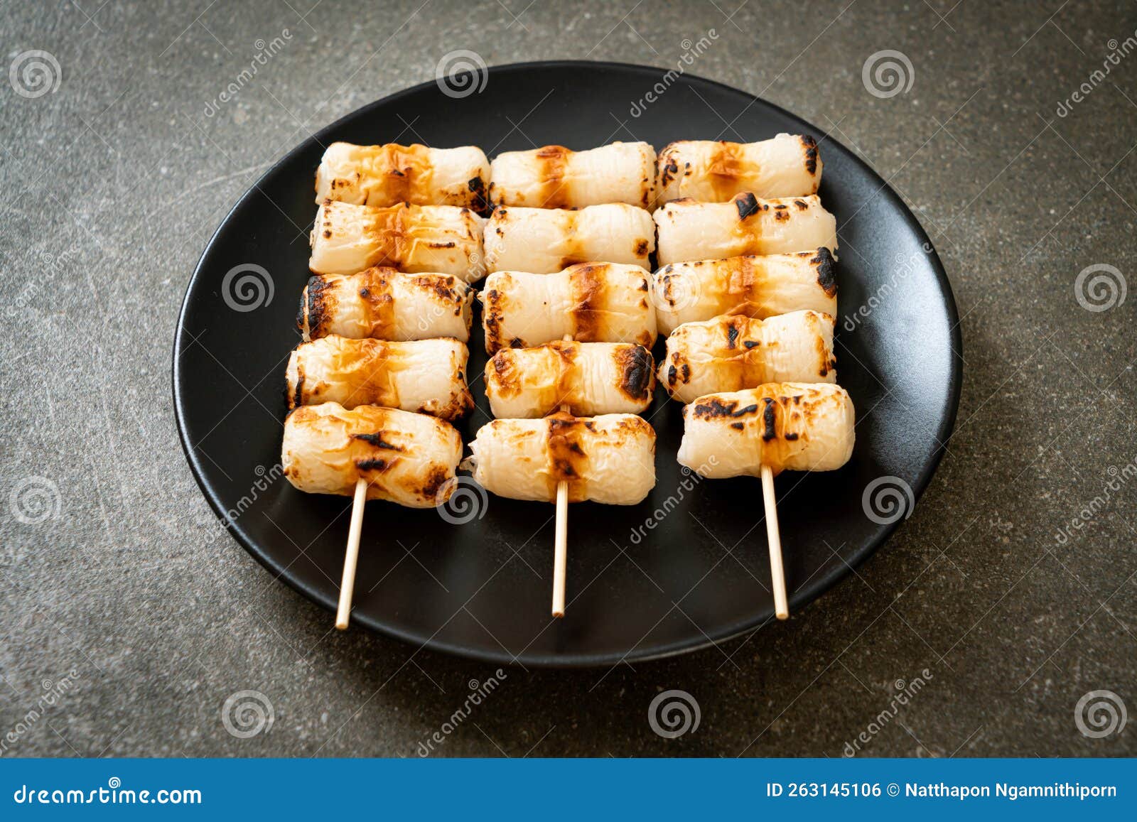 Grilled Tube Shaped Fish Paste Cake Skewe or Tube Squid Skewer Stock ...