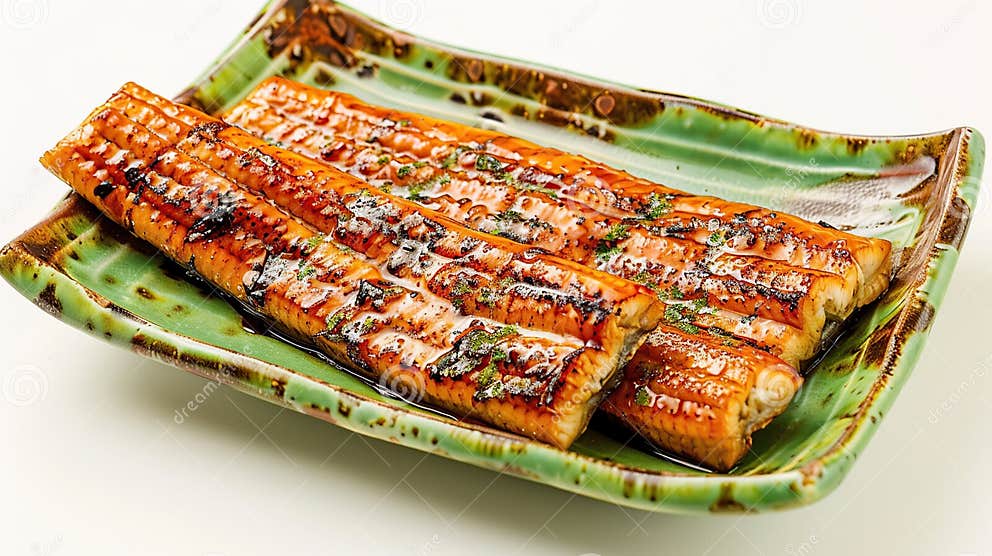 Grilled Unagi or Eel on Green Plate. White Background Stock ...