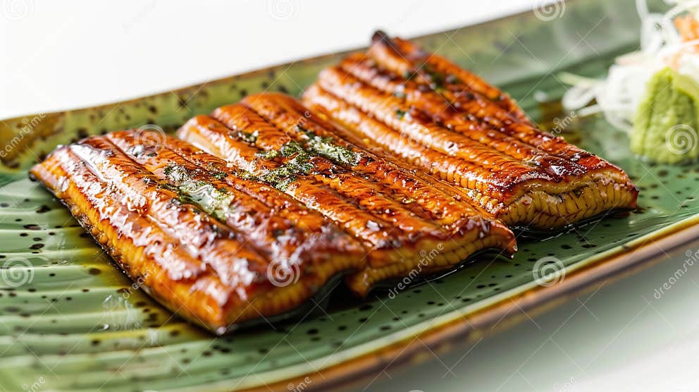 Grilled Unagi or Eel on Green Plate. White Background Stock ...