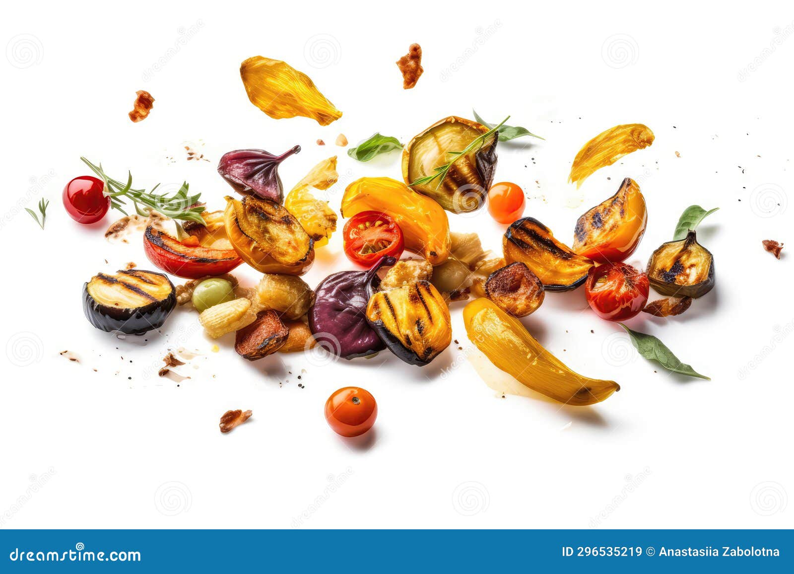 Grilled Vegetables Fly on White Background, Floating in the Air ...