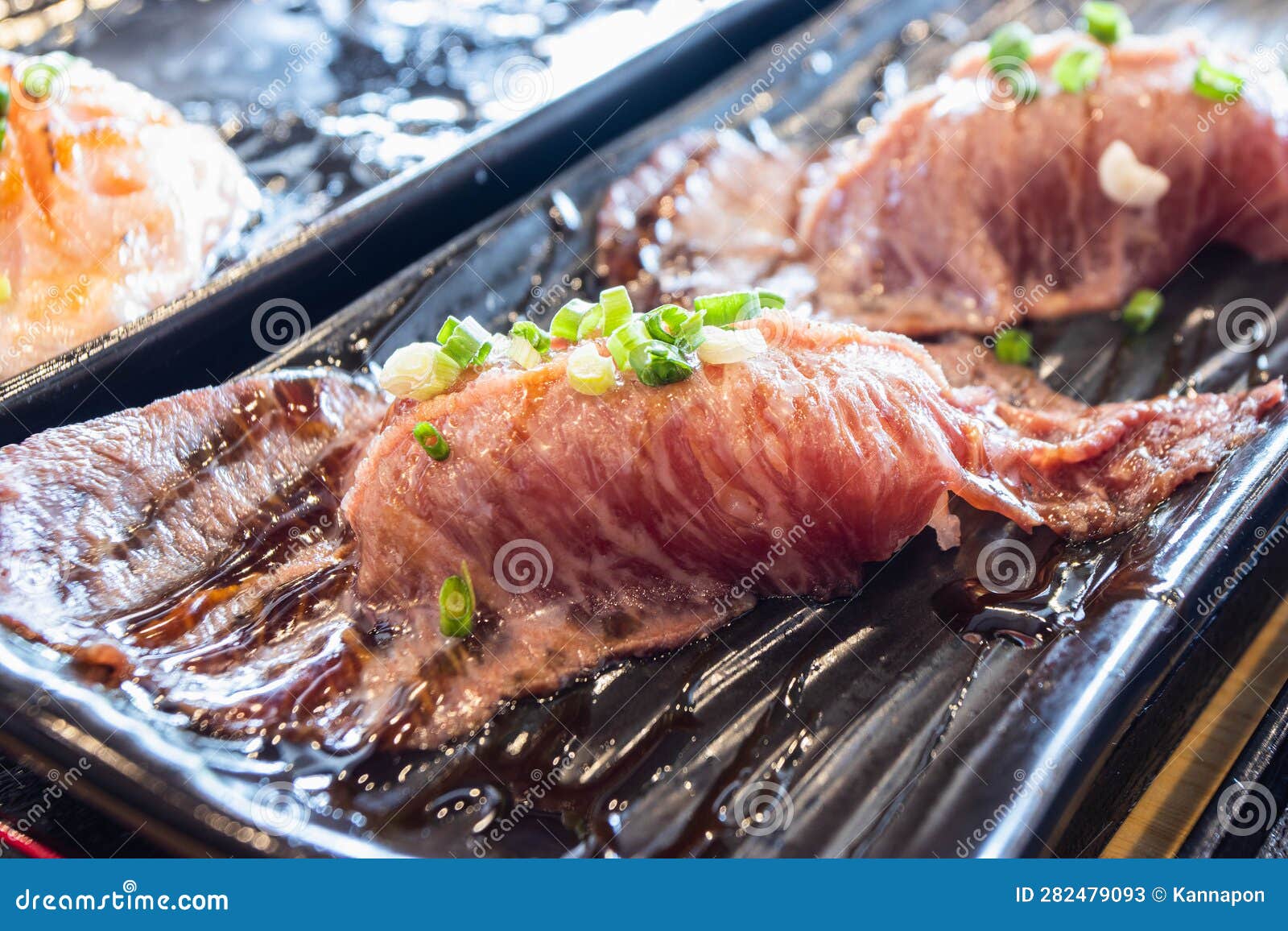 Grilled Wagyu Beef Sushi with Spring Onion Stock Image - Image of sauce ...