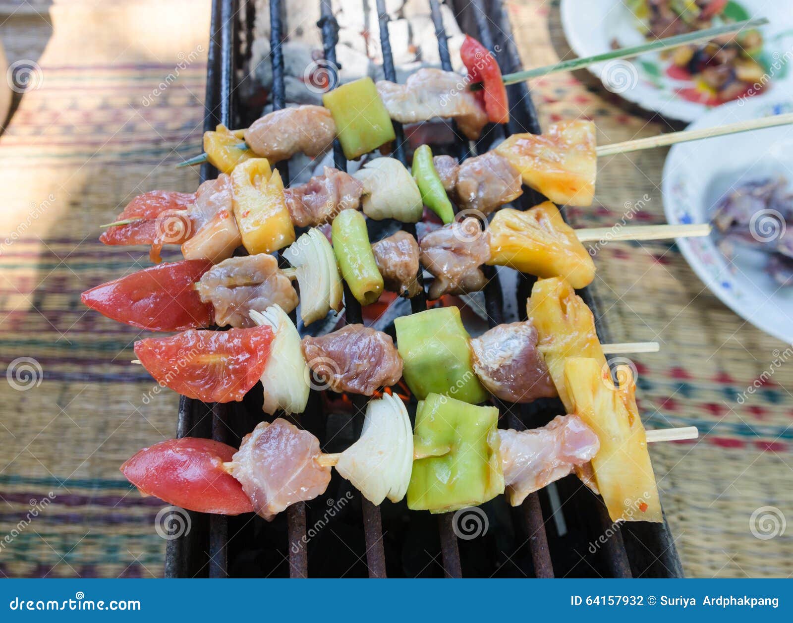 Grilling on Barbecue Skewer Grill Stock Photo - Image of bratwurst ...