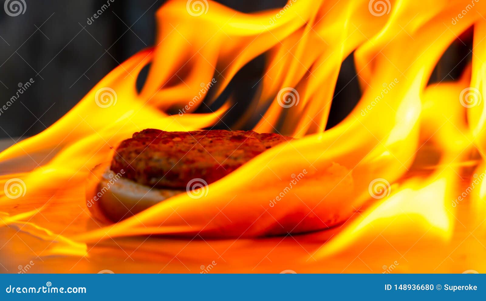 Grilling Beef Burger on Fire Stock Photo - Image of bread, baked: 148936680