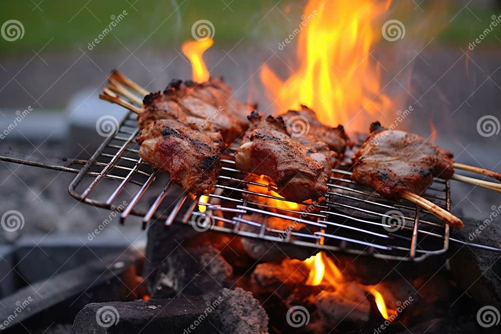 Grilling Marinated Lamb Chops on Open Fire Stock Photo - Image of ...