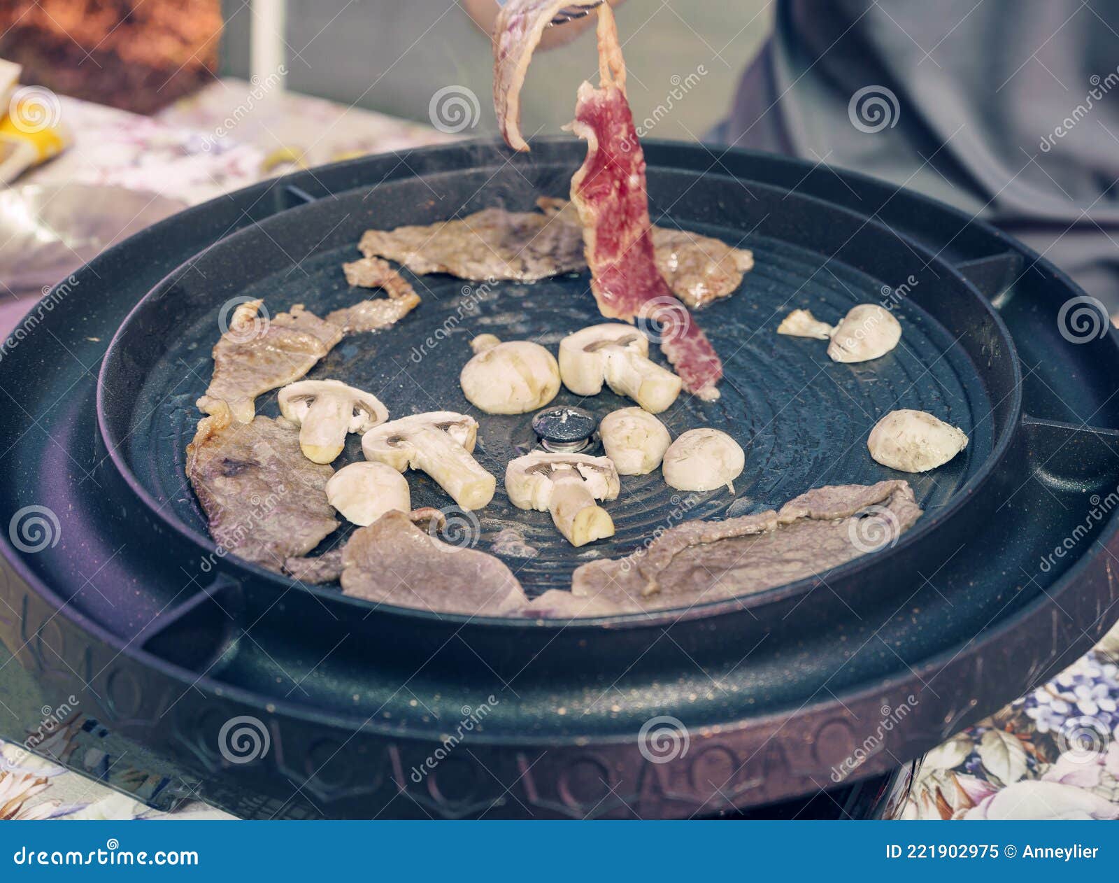Grilling Meat and Mushrooms View Stock Image - Image of closeup ...