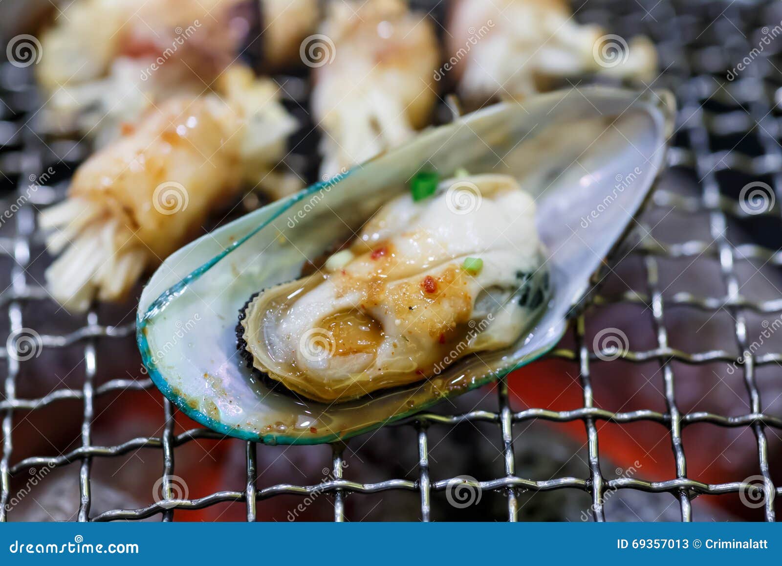 Grilling mussel on grill stock image. Image of closeup - 69357013