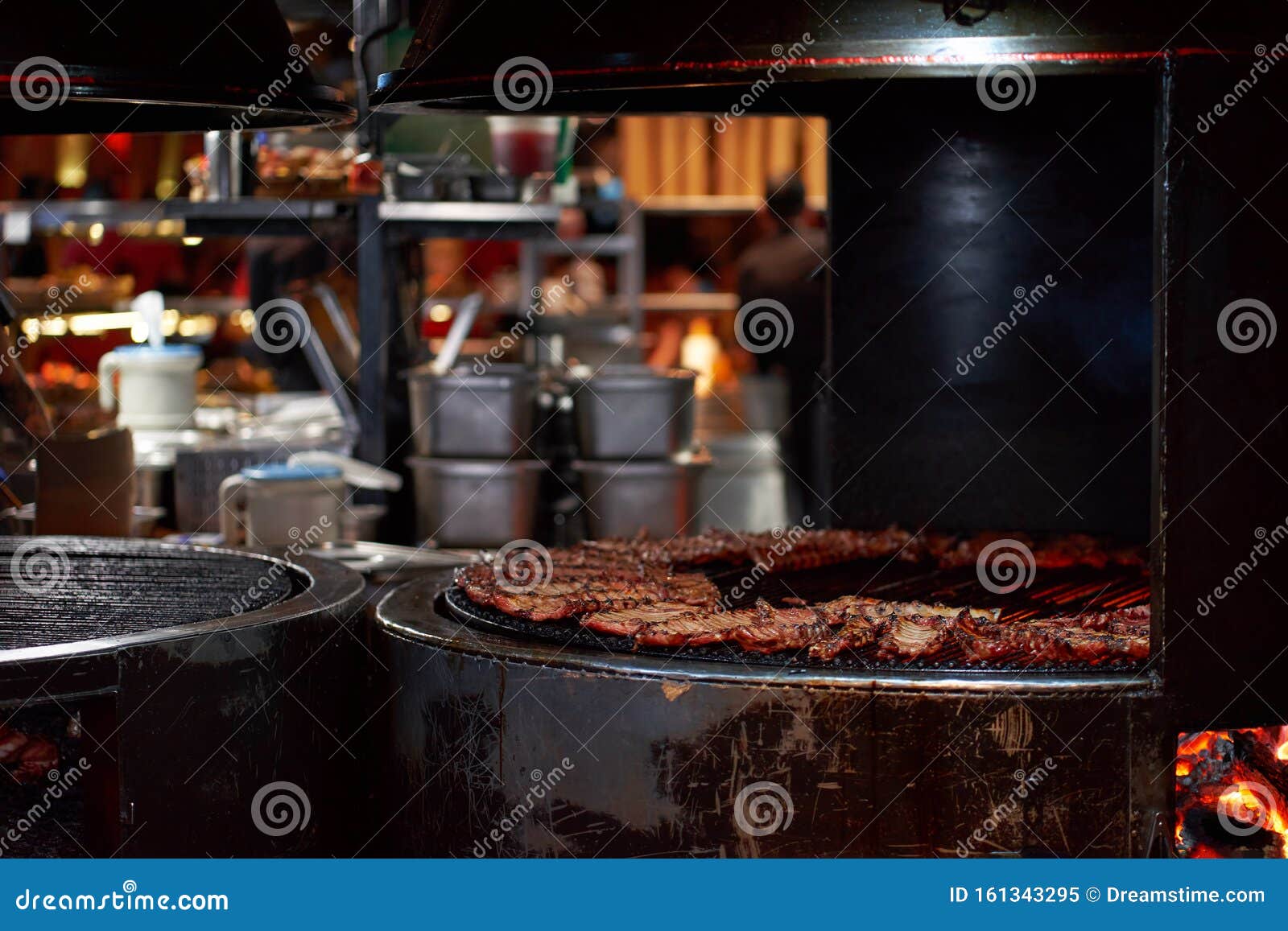 Grilling on Open Fire Pork Ribs in Restaurant Stock Image - Image of ...
