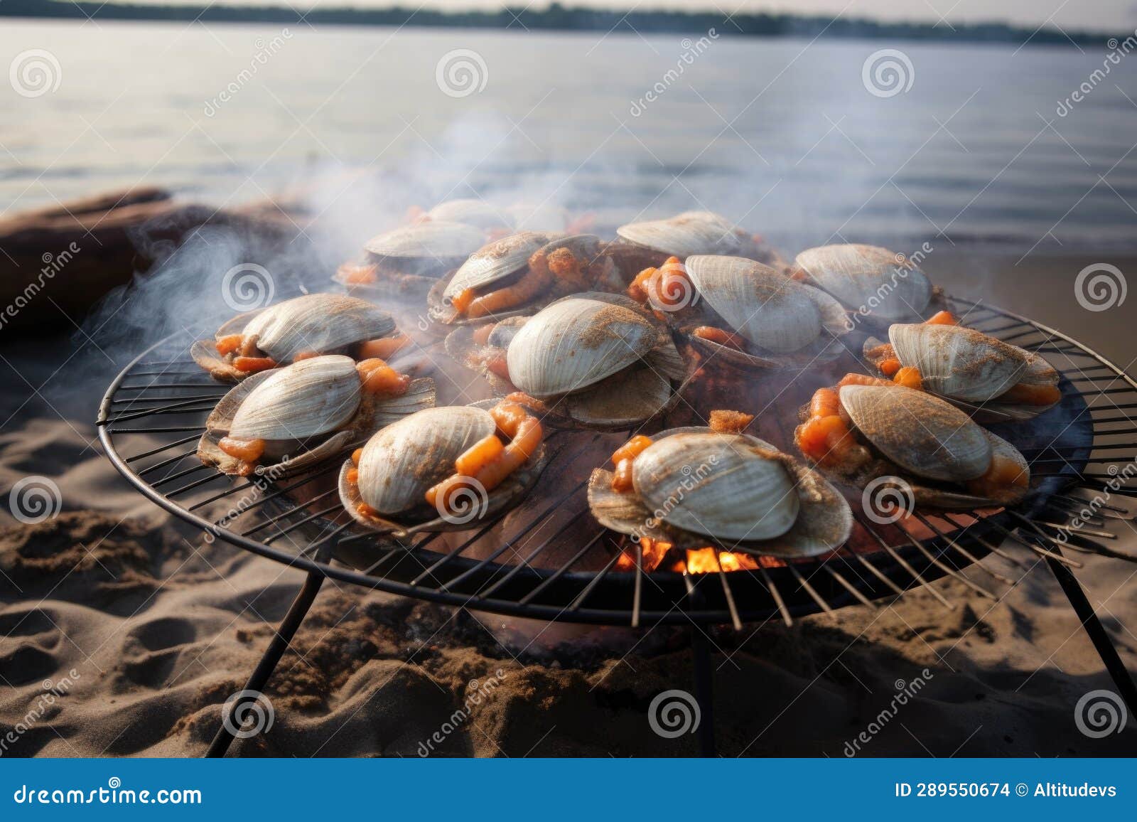 Grilling Quahogs on a Beach Bbq with Smoke Stock Illustration ...