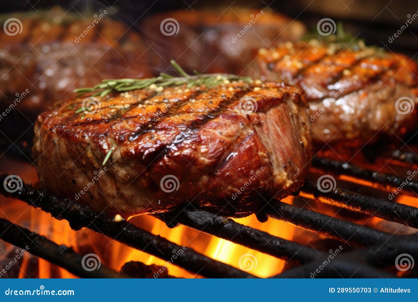 Grilling Ribeye Steaks with Smoke and Fire Stock Image - Image of ...