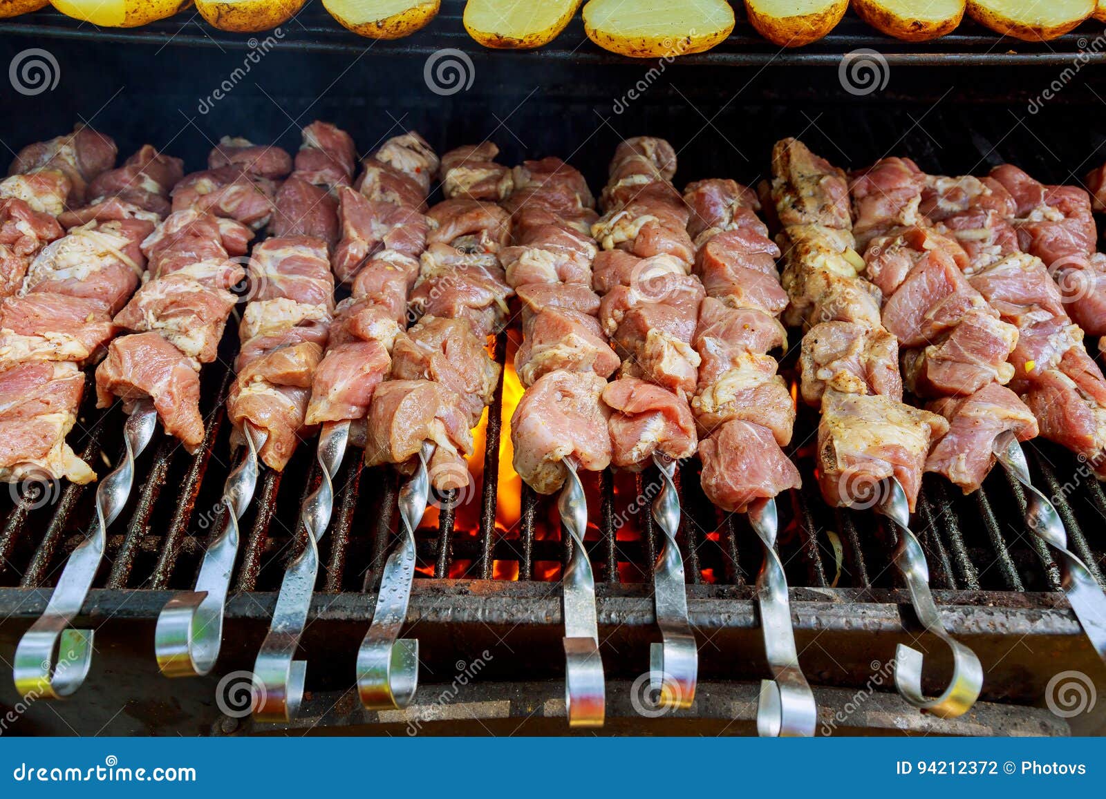 Grilling Shashlik on Barbecue Grill. Selective Focus Stock Photo ...