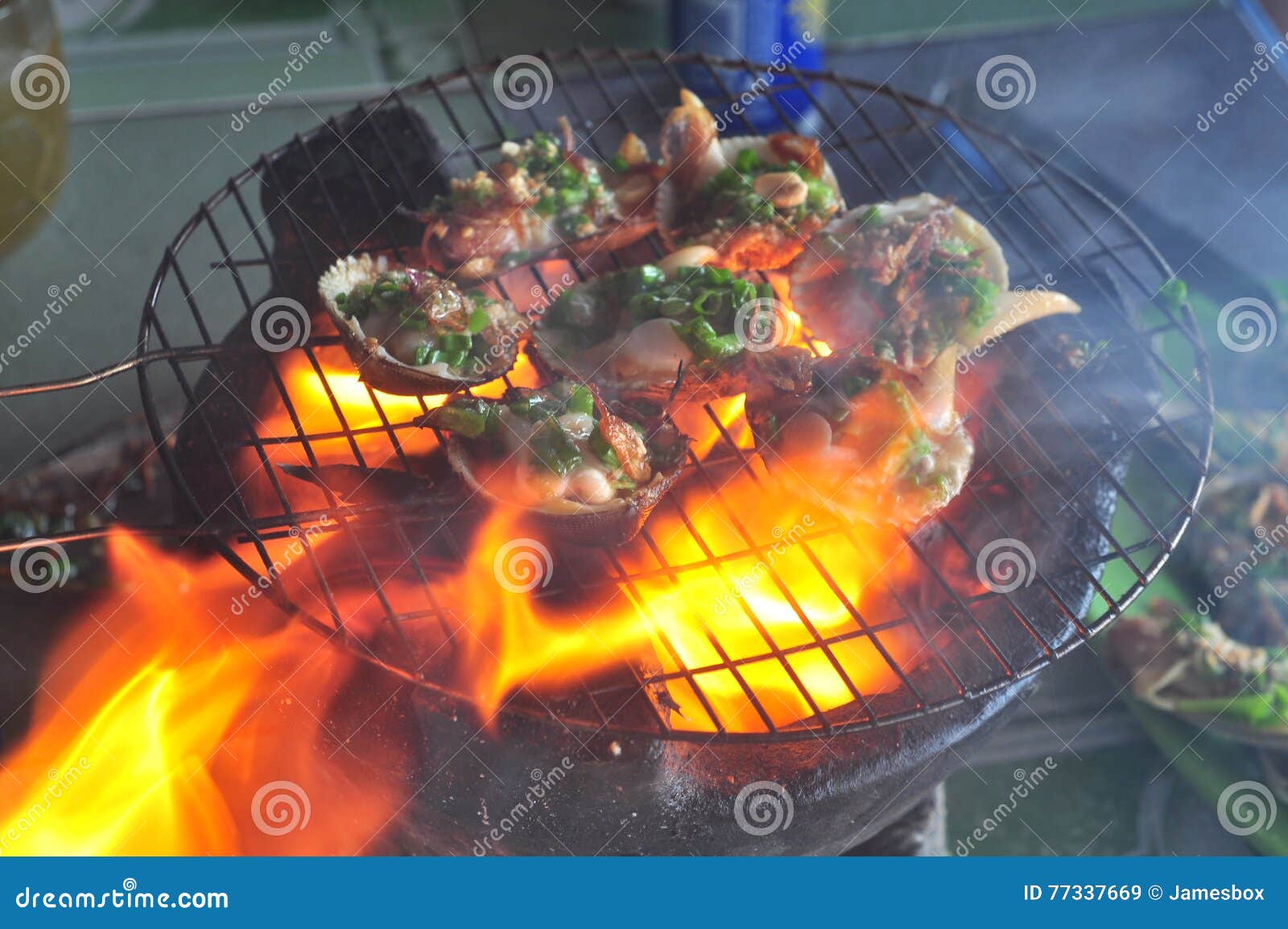 Grilling Shellfish and Seafood on Hot Fire Stock Image - Image of onion ...