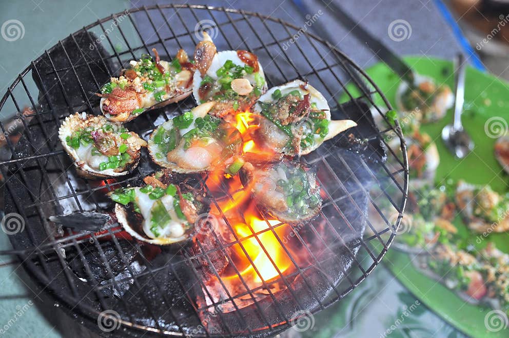 Grilling Shellfish and Seafood on Hot Fire Stock Image - Image of ...