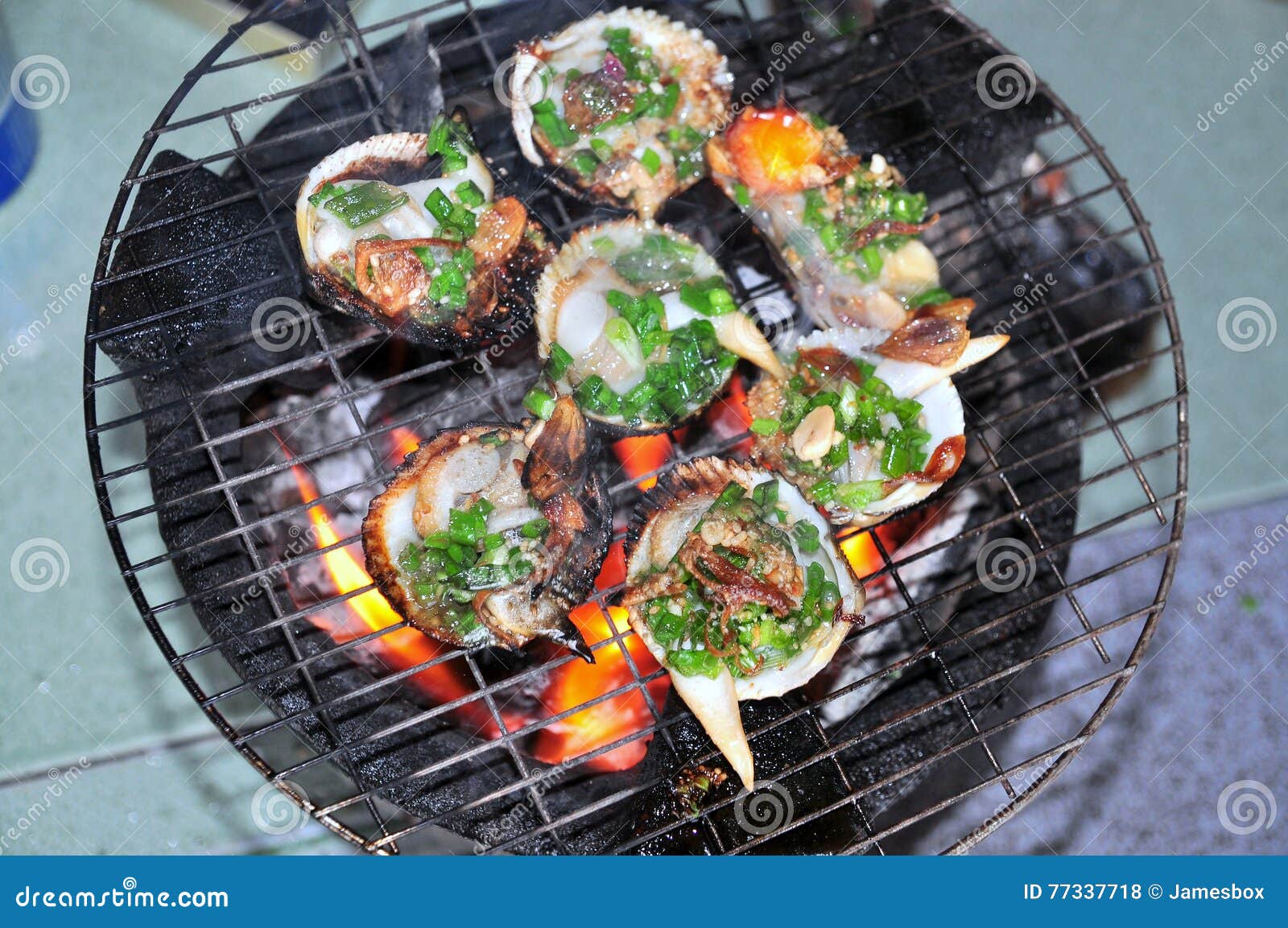 Grilling Shellfish and Seafood on Hot Fire Stock Photo - Image of ...