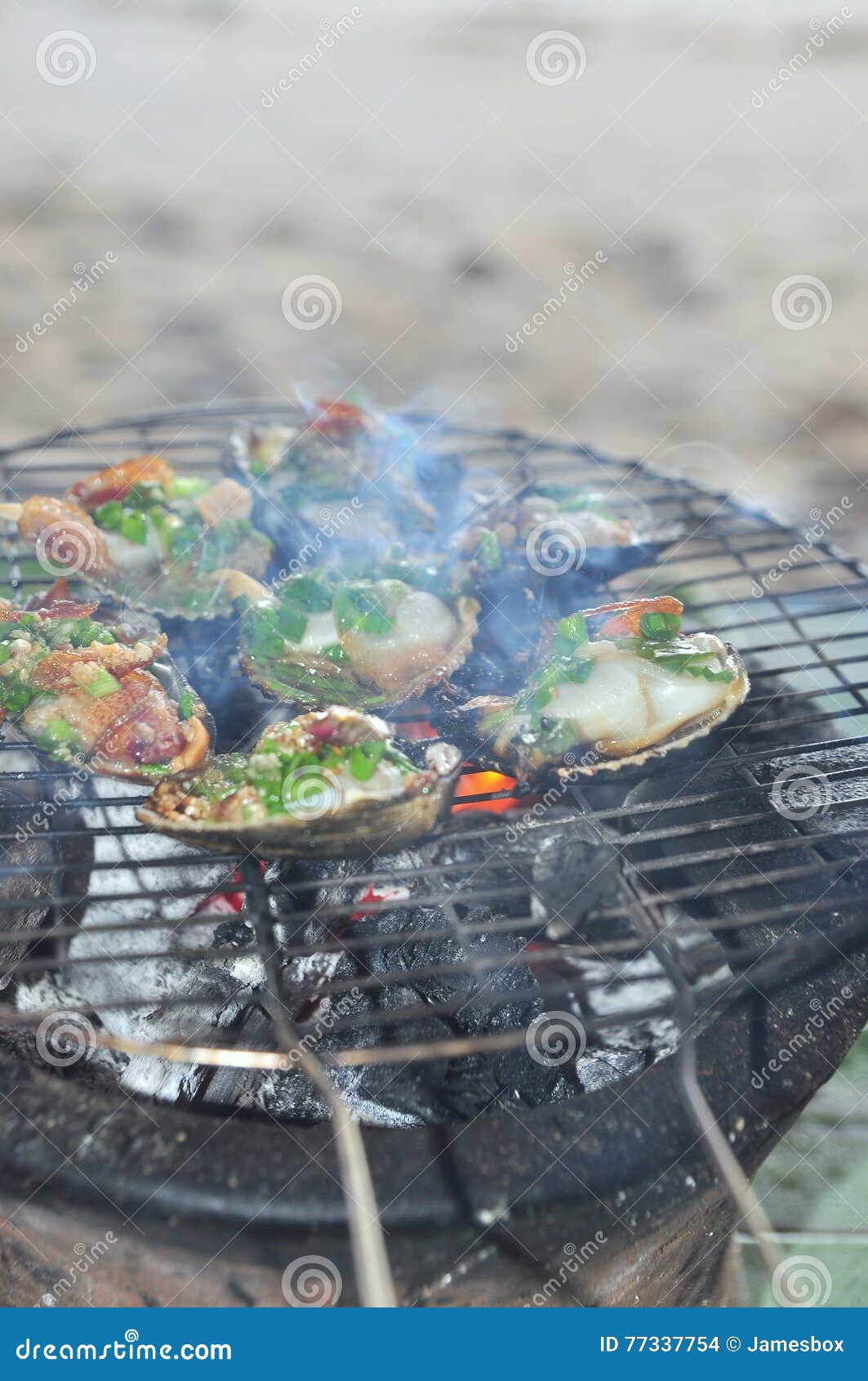 Grilling Shellfish and Seafood on Hot Fire Stock Photo - Image of fish ...