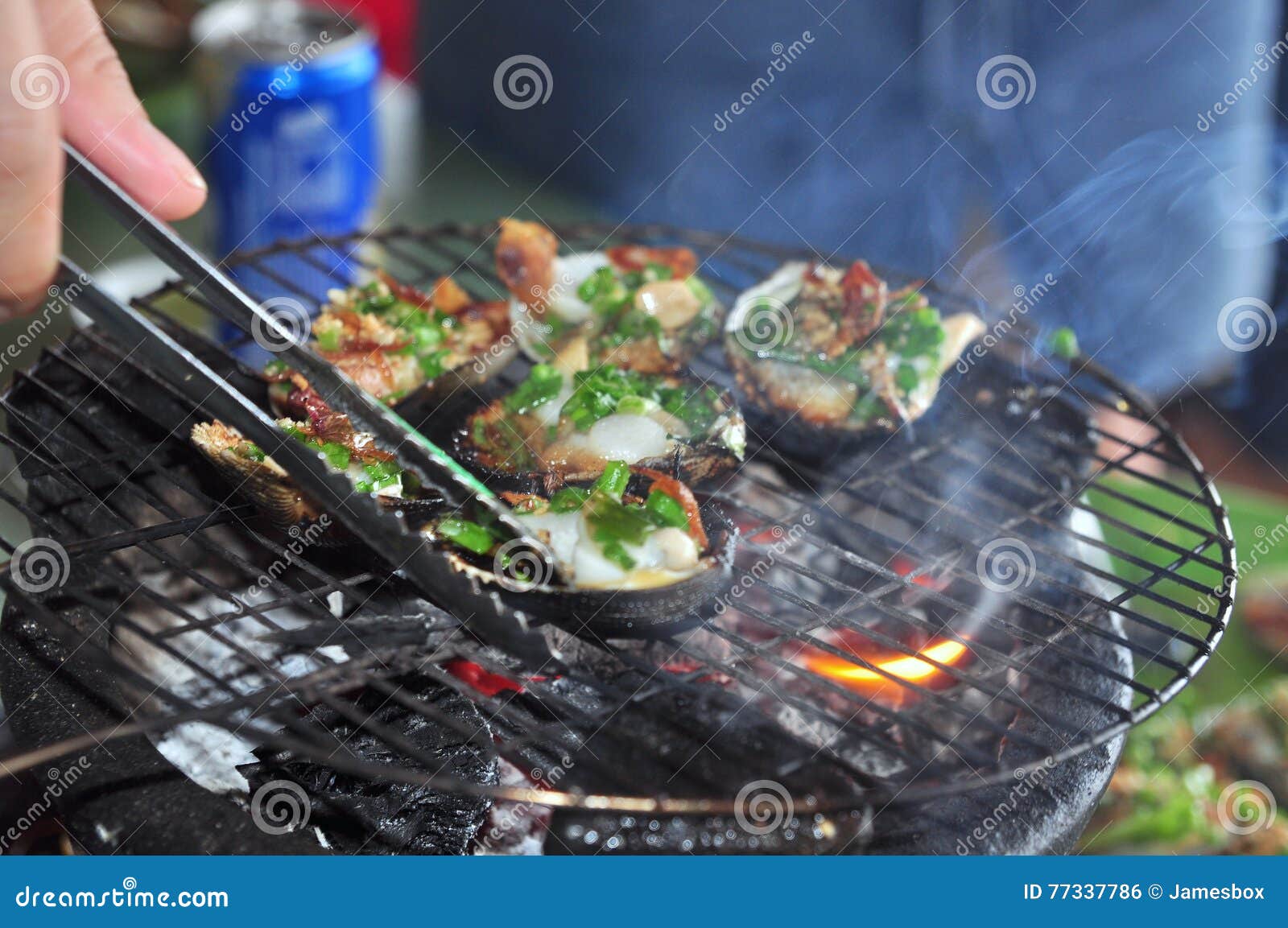 Grilling Shellfish and Seafood on Hot Fire Stock Photo - Image of ...