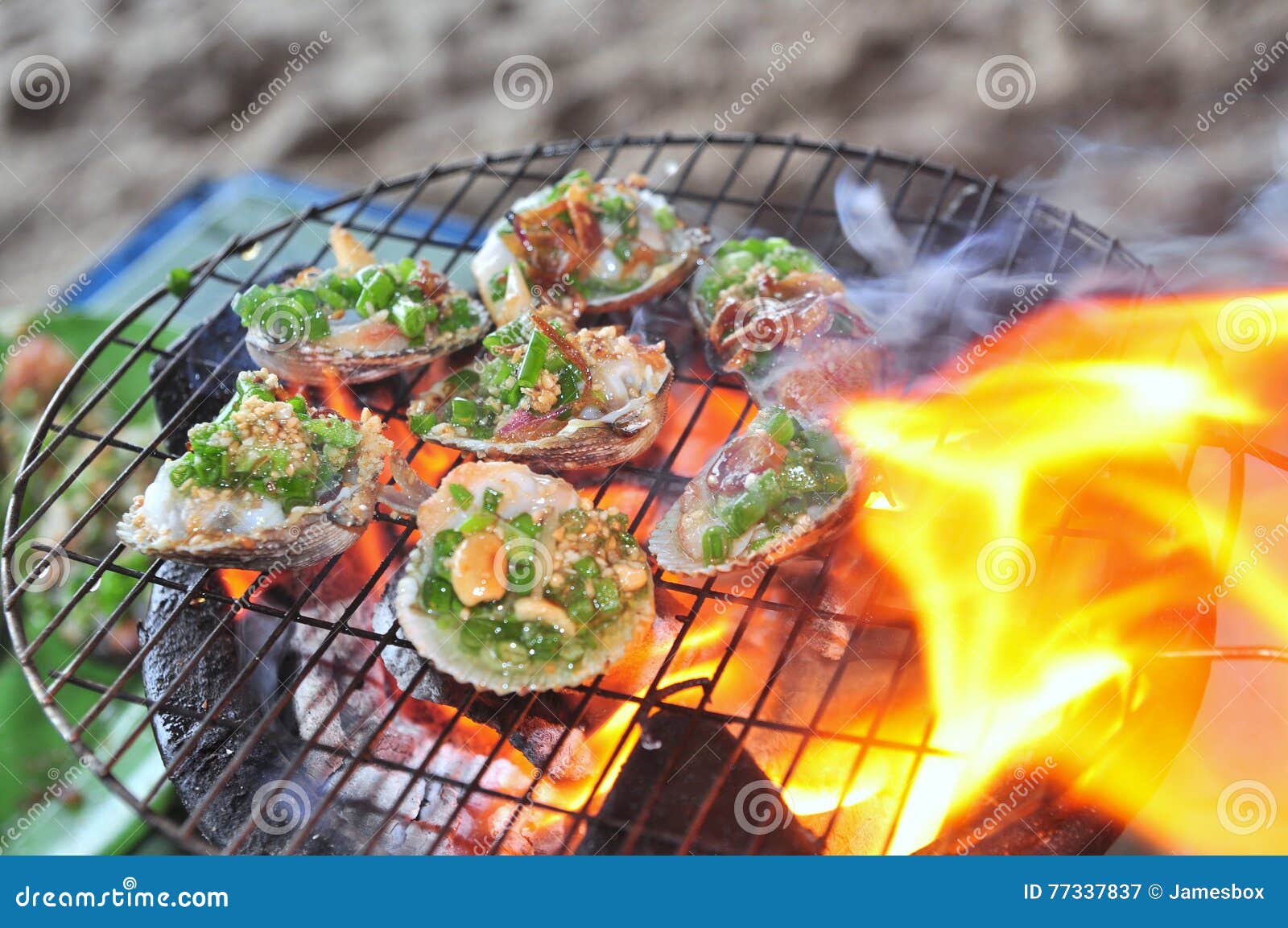 Grilling Shellfish and Seafood on Hot Fire Stock Image - Image of plate ...