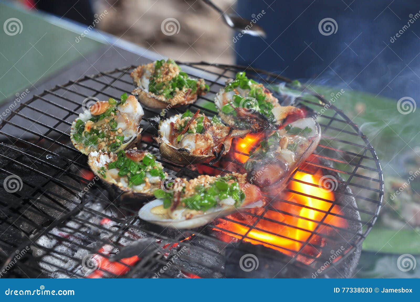 Grilling Shellfish and Seafood on Hot Fire Stock Photo - Image of ...