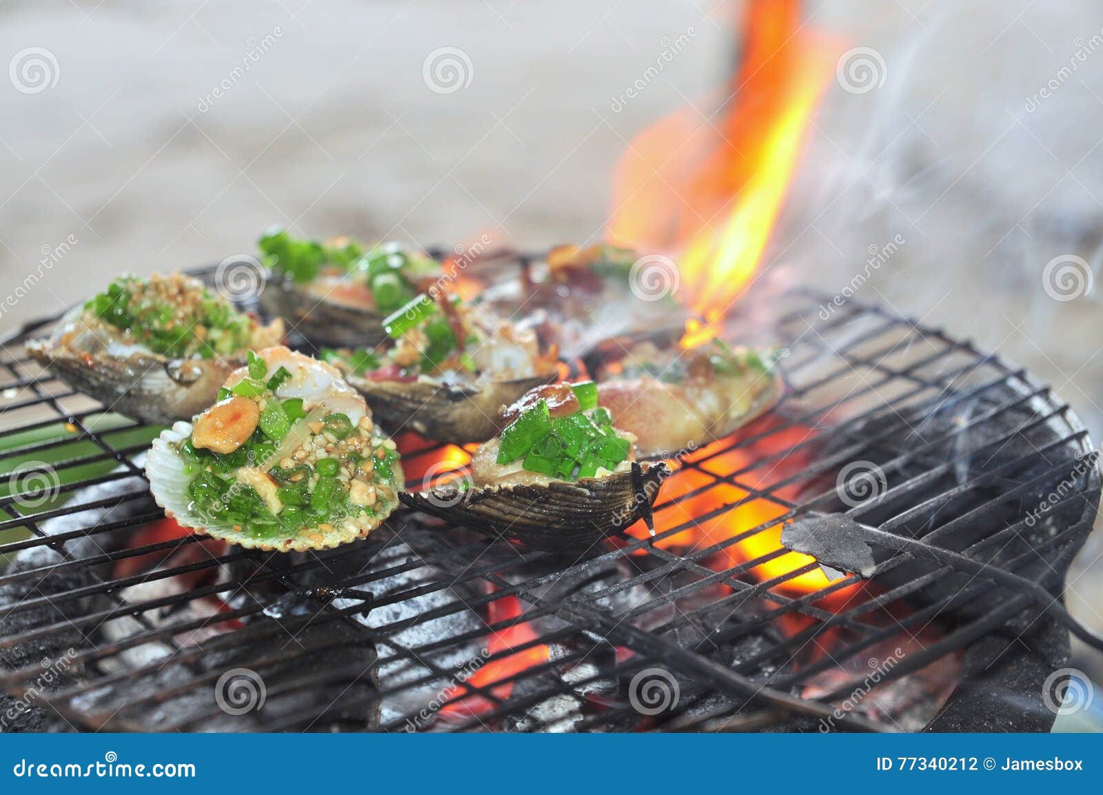 Grilling Shellfish and Seafood on Hot Fire Stock Photo - Image of asian ...