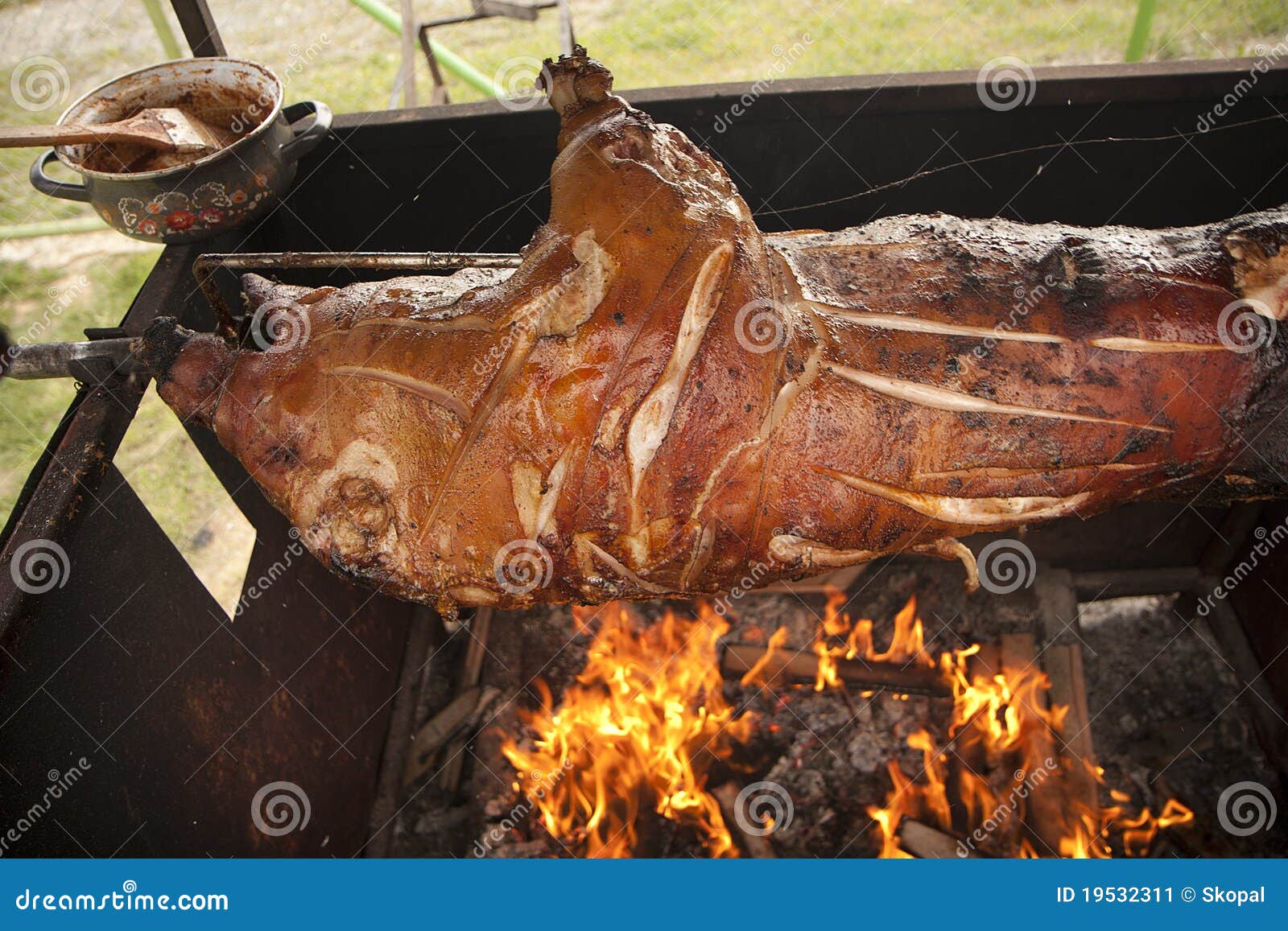 Grilling small pig stock image. Image of garden, fire - 19532311