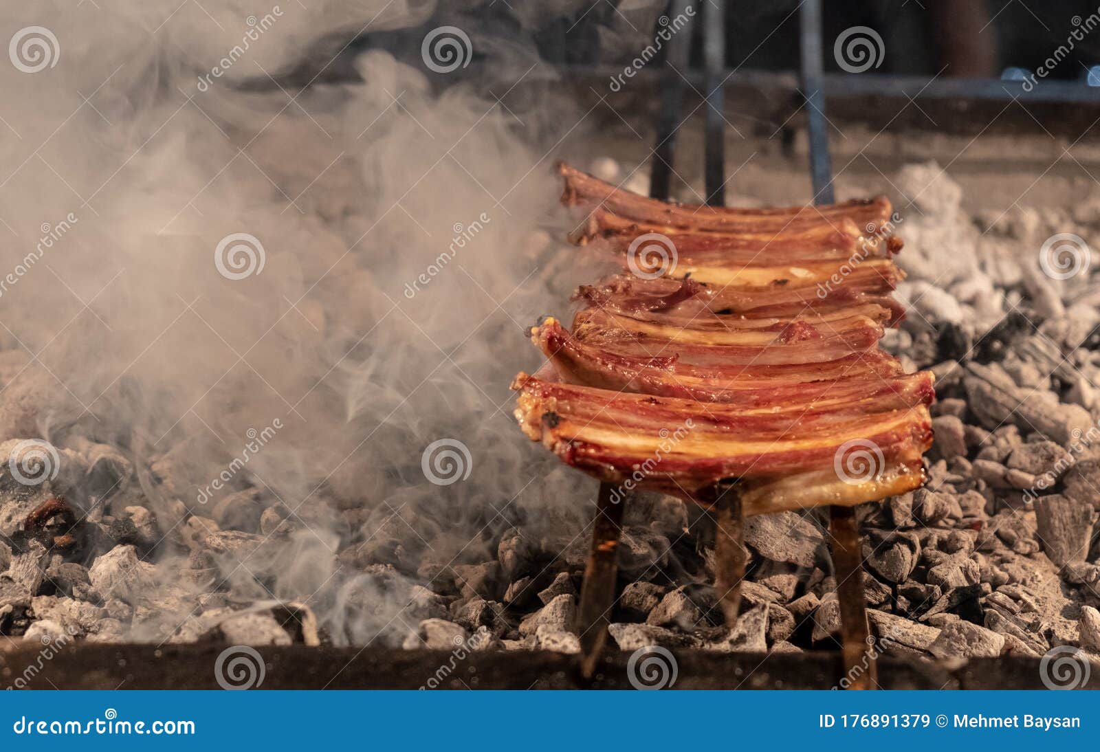Grilling Steaks on Flaming Grill and Shot with Selective Focus Stock ...